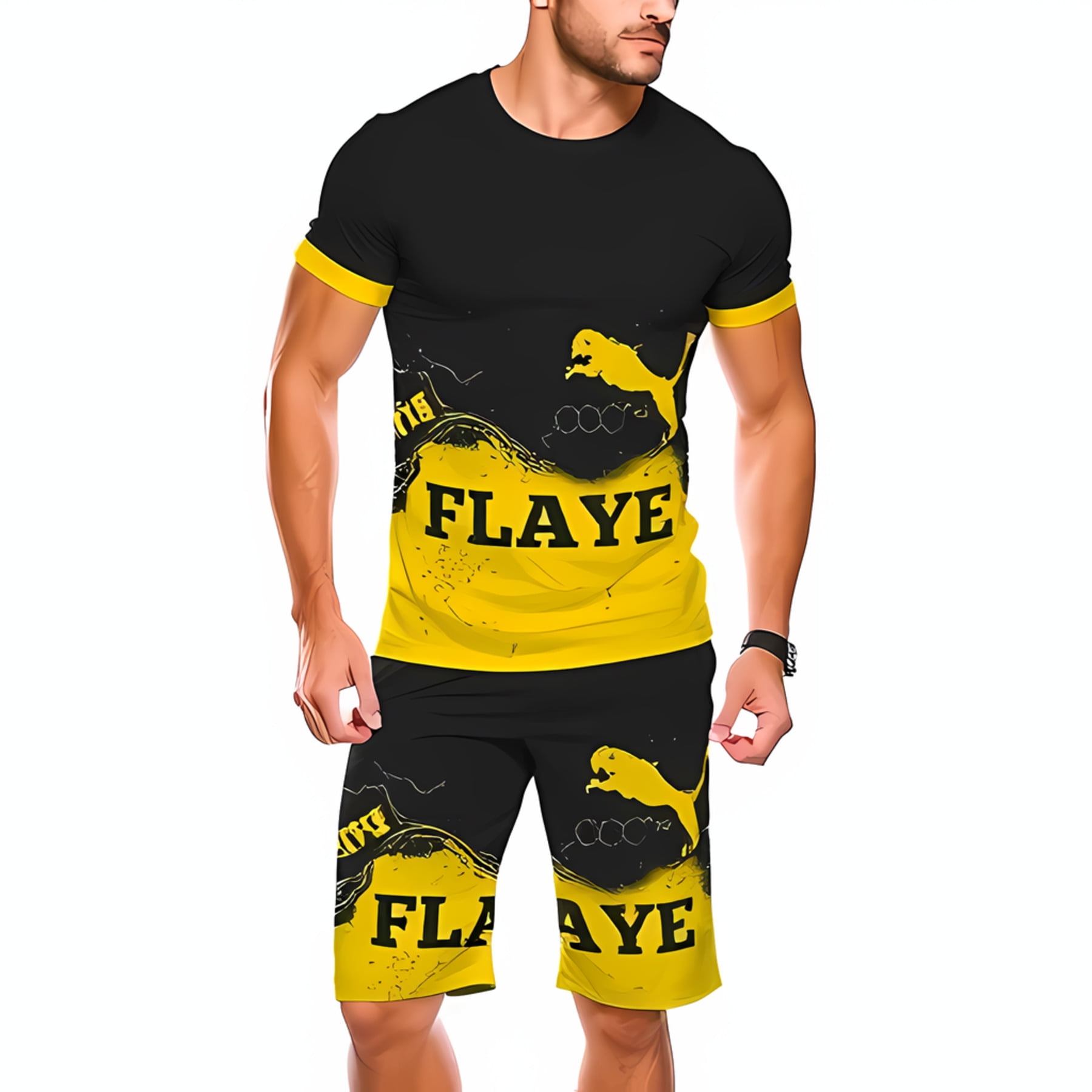 Men's Athletic T-Shirt and Shorts Set - Vibrant Yellow & Black with ...
