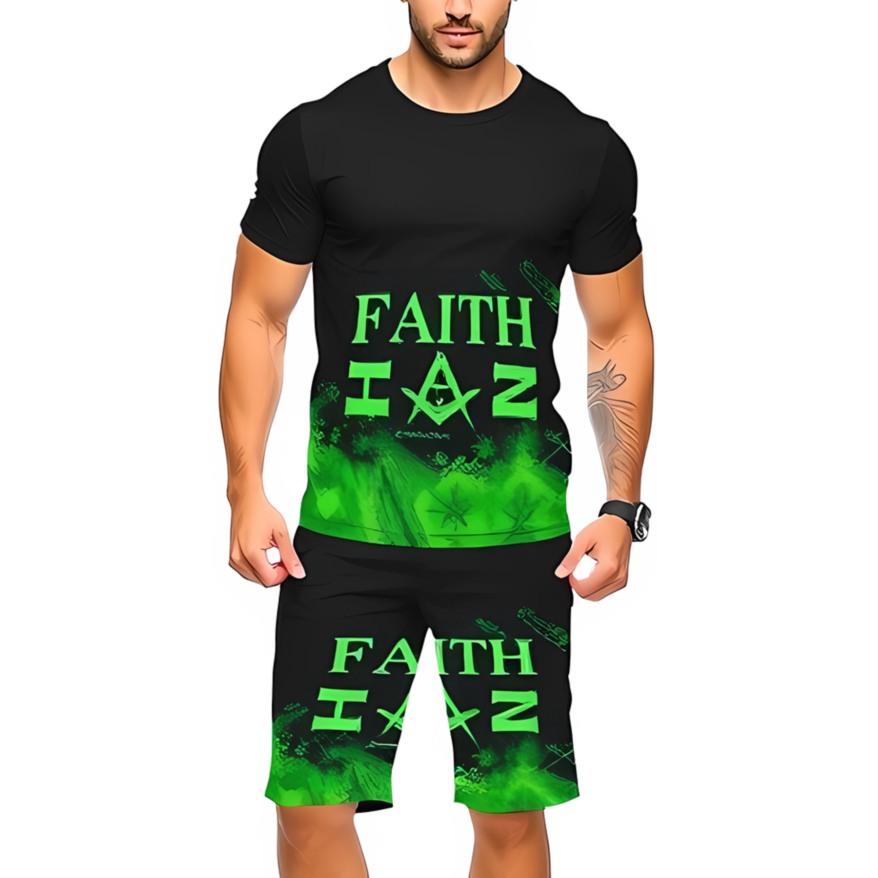 Men's Athletic Two-Piece Set: Black Tee & Shorts with Bold Green 'FAITH ...