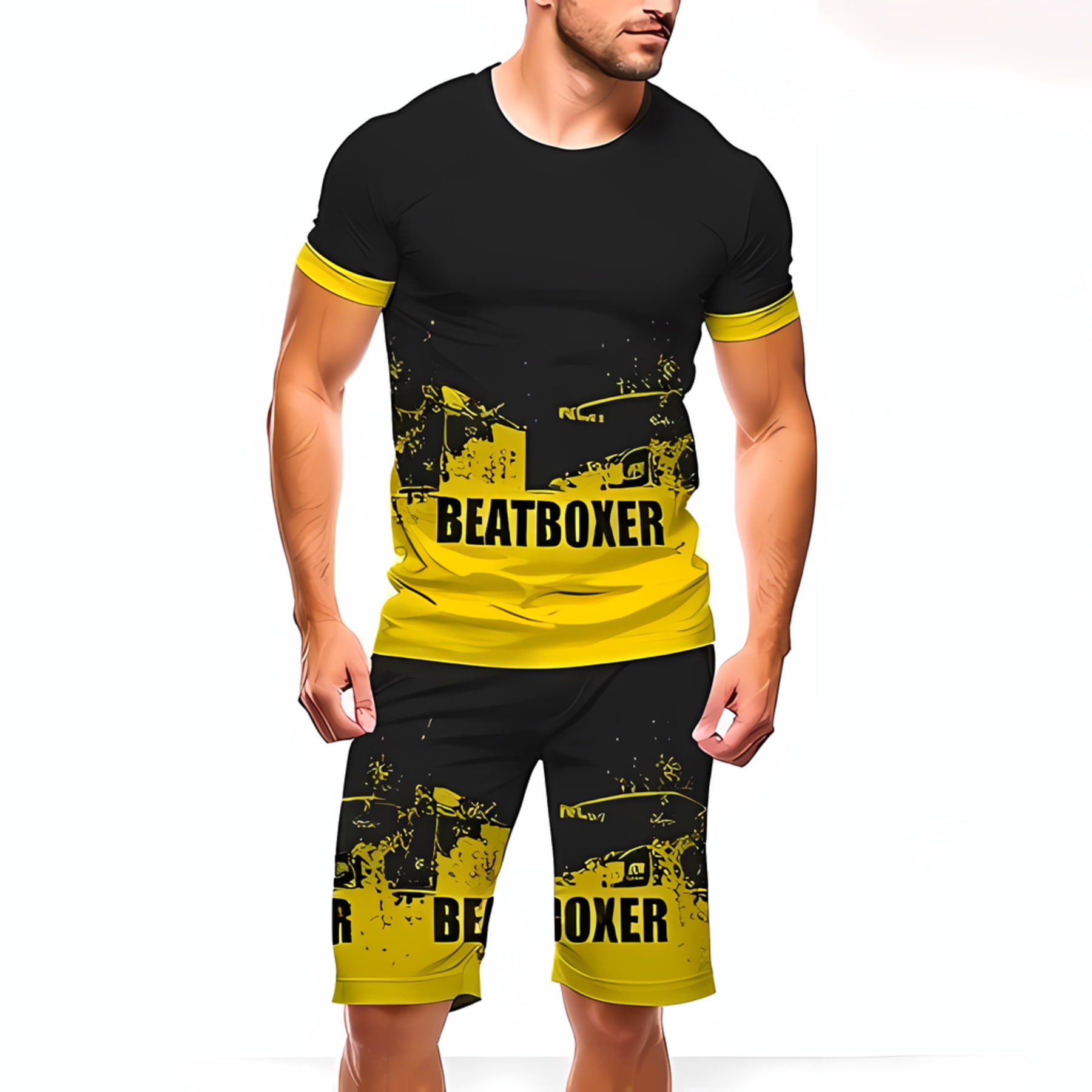 Men's Athletic Two-Piece Set: Black Tee & Shorts with Vibrant Yellow ...