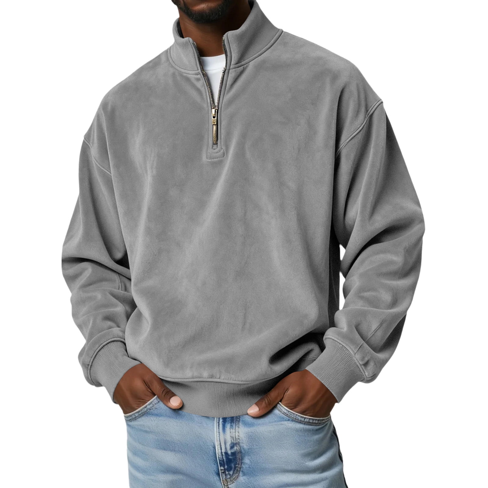 LWavelet Men's Suede Texture Mock Neck Quarter Zip Pullover - Casual ...