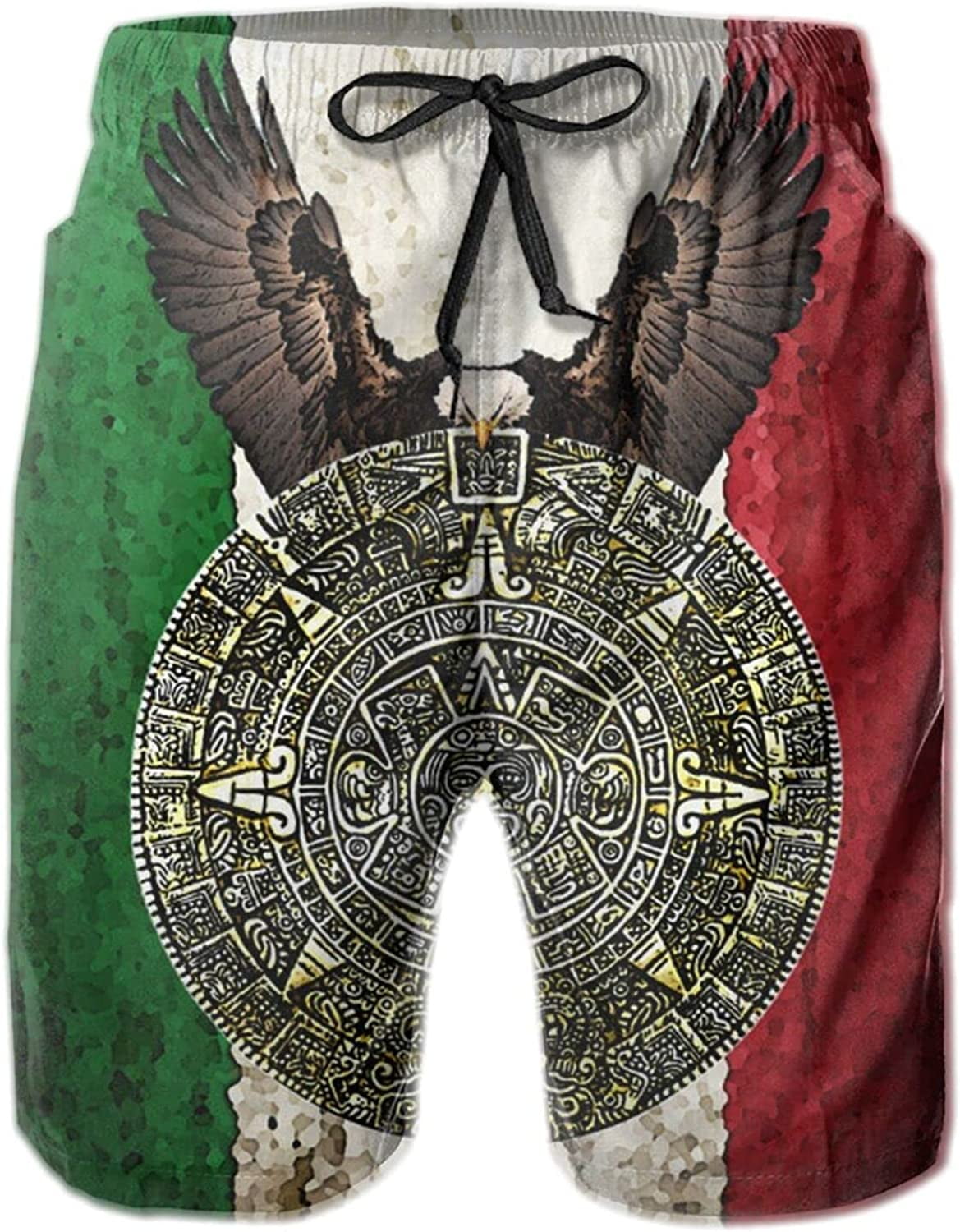 Men's Aztec Calendar with Mexican Flag Swim Trunks Swimming Trunks ...