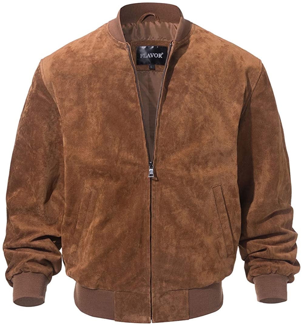 Men's Genuine Leather Baseball Jacket, Vintage Bomber Suede, XL, Brown ...