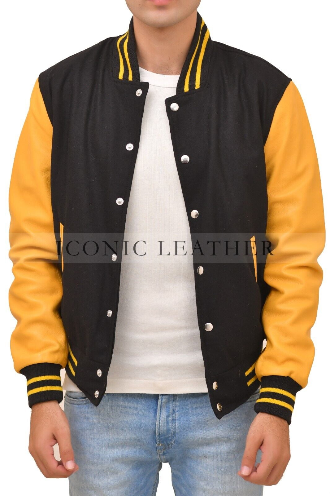 Men's Baseball Style Black and Yellow Varsity Jacket GENUINE LEATHER ...