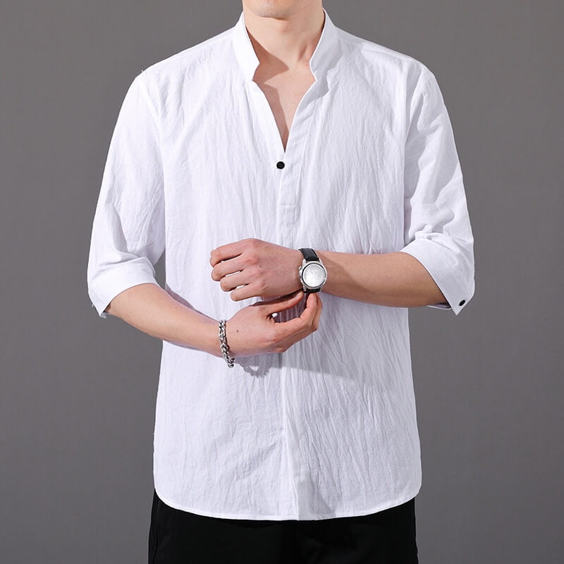Men's Basic Solid Color Linen Shirt with Stand Collar and Three-Quarter ...