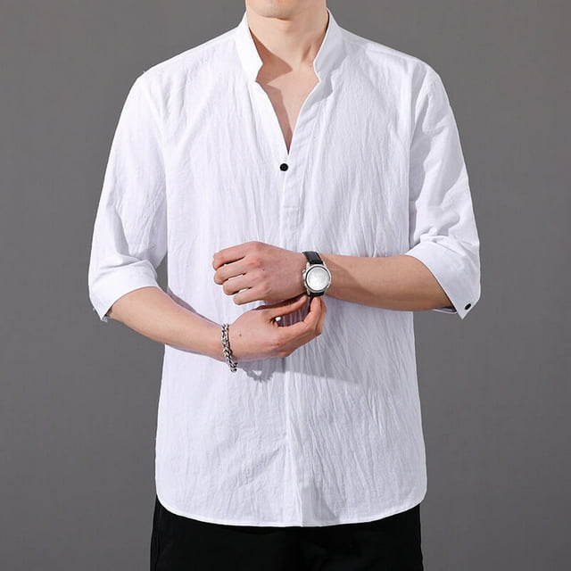Men's Basic Solid Color Linen Shirt with Stand Collar and Three-Quarter ...