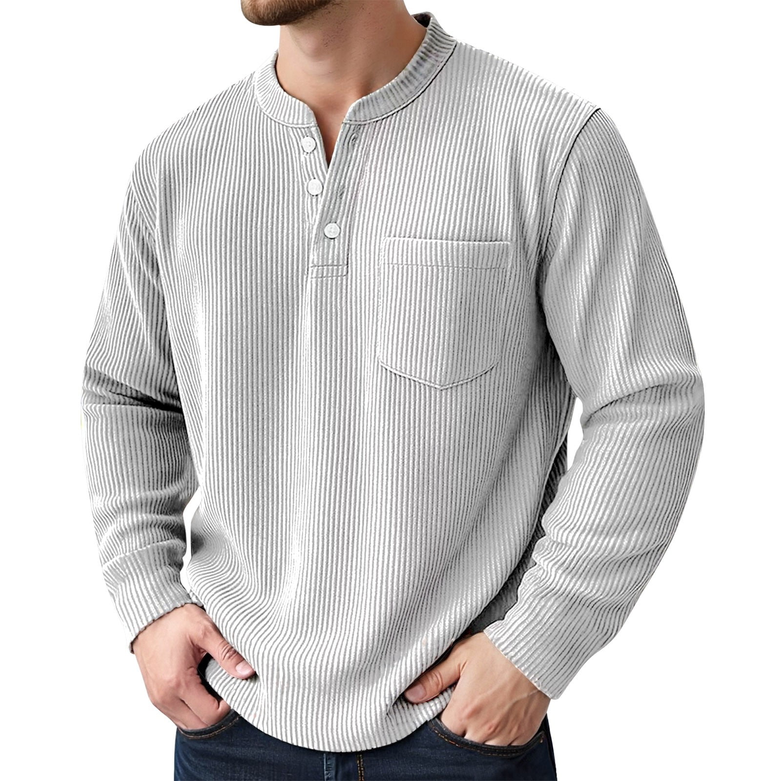 Men's Basic T Shirts Long Sleeve Corduroy Three Buttons With Front ...