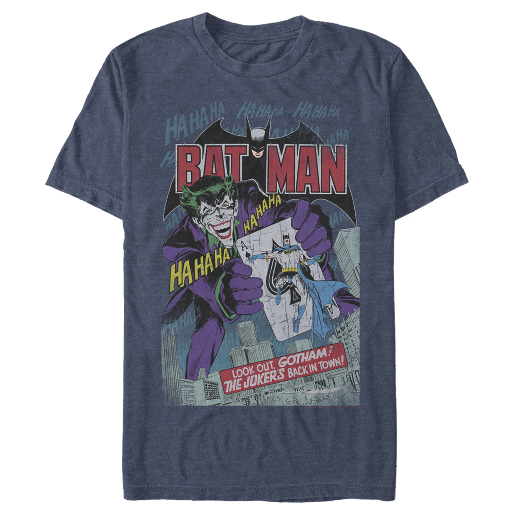 Men's Batman Joker Vintage Card Graphic Tee Navy Blue Heather Small ...