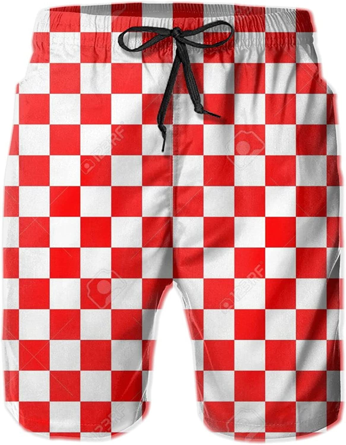 Men's Beach Shorts Red Checkerboard Pattern 3D Printed Swim Trunks ...