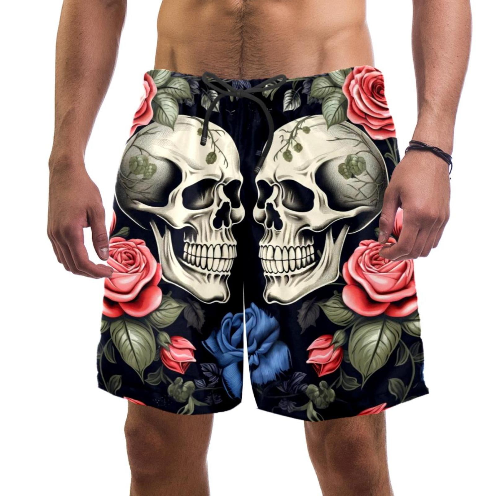 Men's Beach Shorts Skull with Roses Art Pattern Quick Dry Swim Short ...