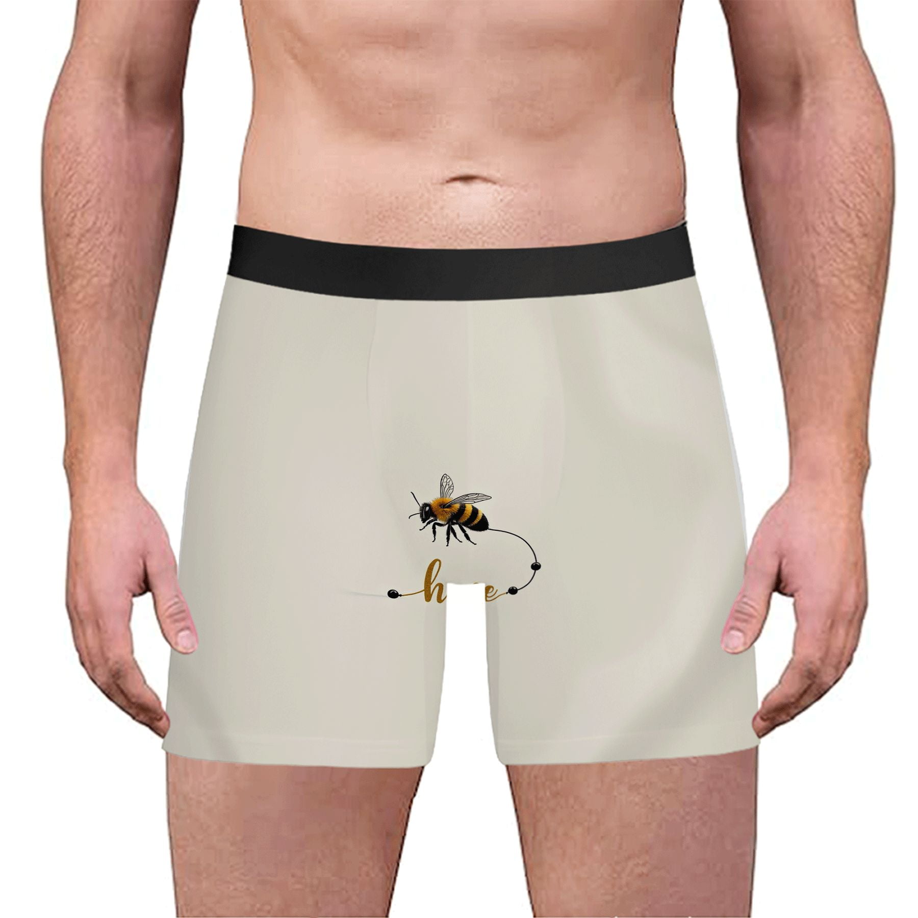 Men's Beige Boxer Briefs with Textured Black Waistband Bee Illustration ...