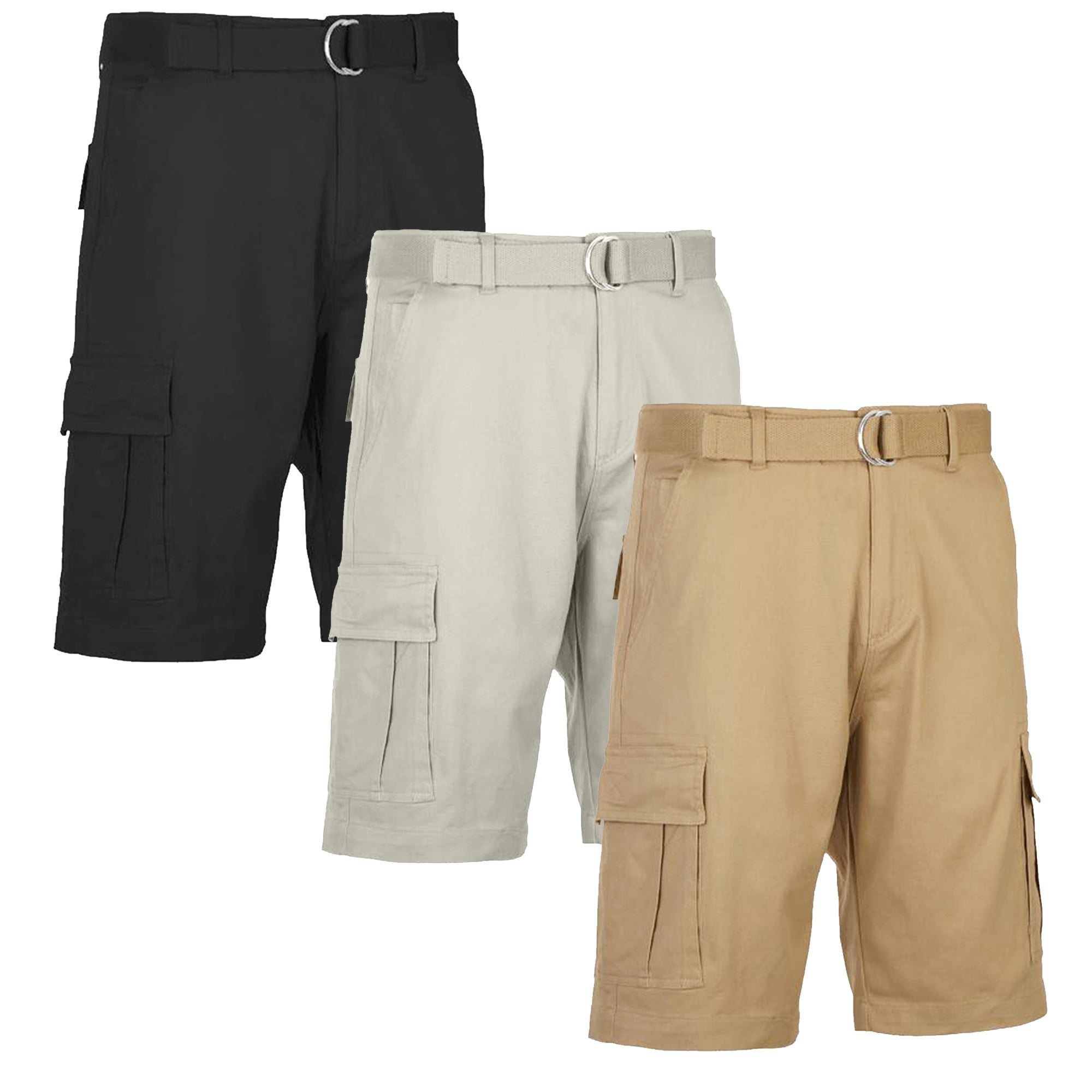 GBH Men's Belted Cotton Cargo Shorts 3-Pack, Durable with Velcro ...