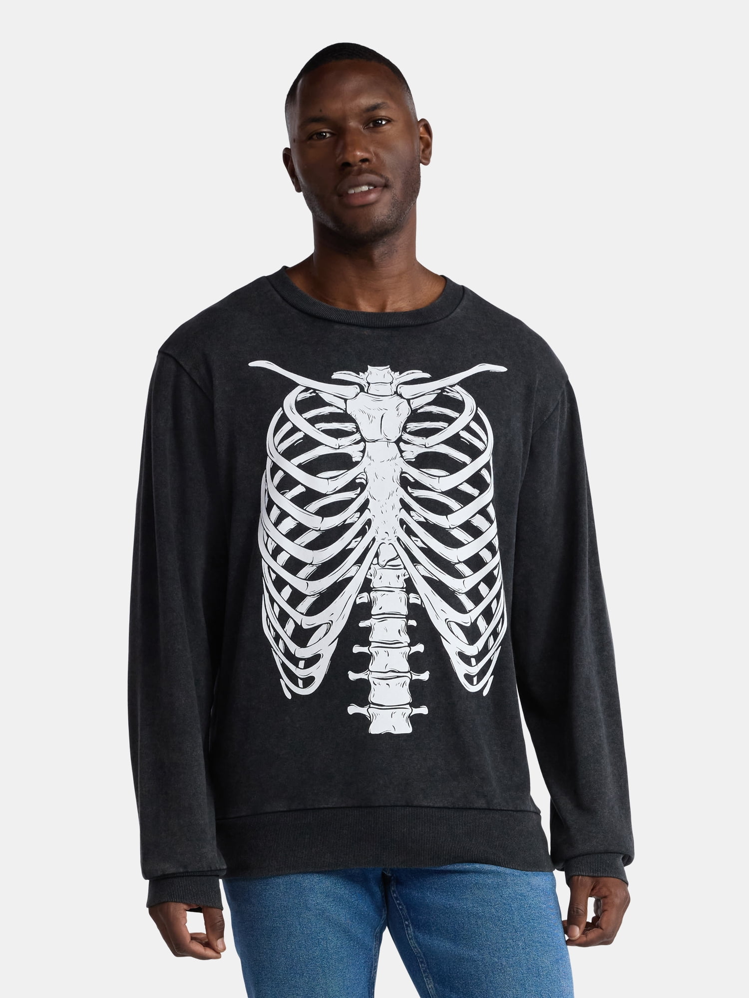 Halloween Crewneck Mineral Wash Fleece Sweatshirt, Skeleton Rib Cage ...