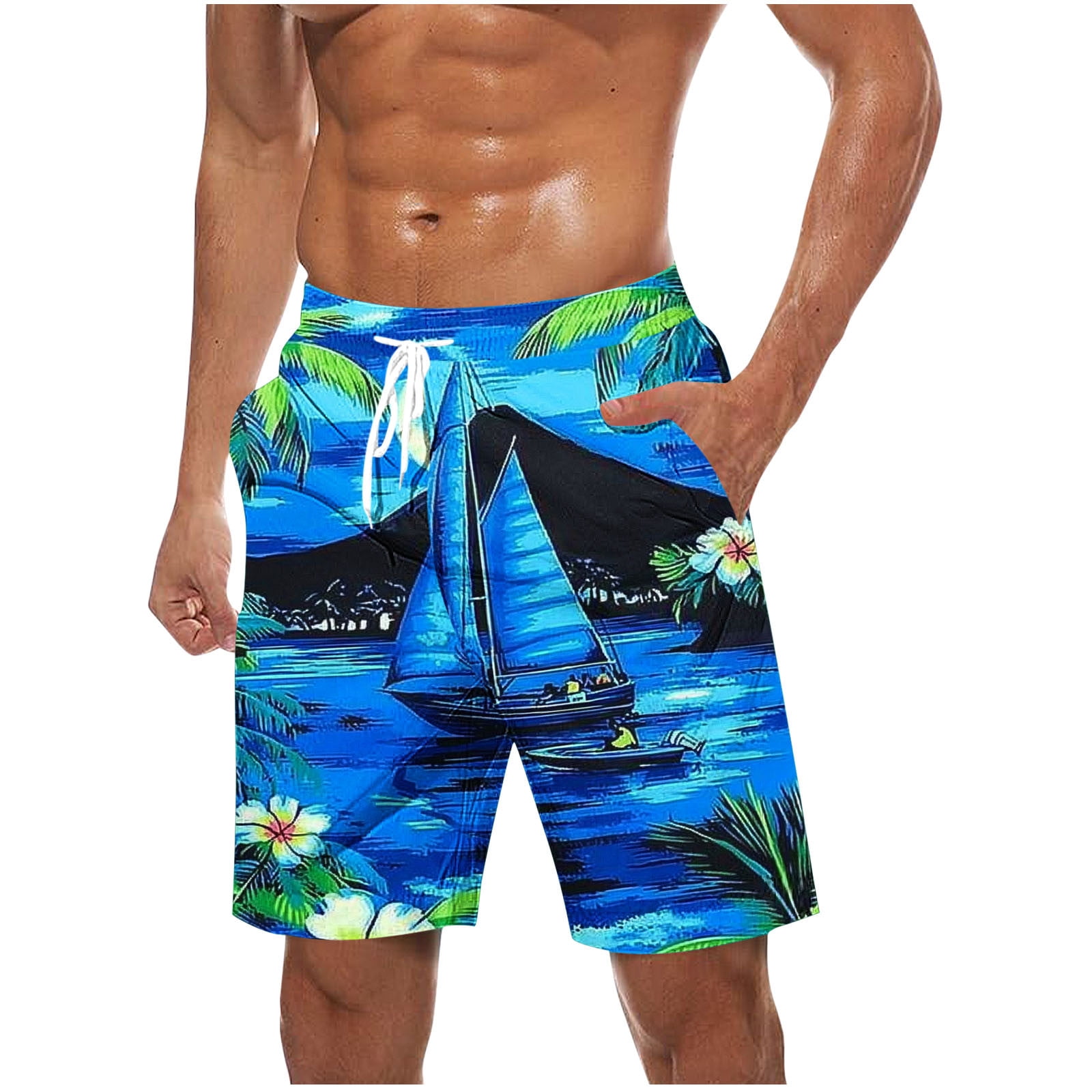 Men's Big & Tall Nautical Sailboat Print Swim Trunks Quick Dry Elastic ...