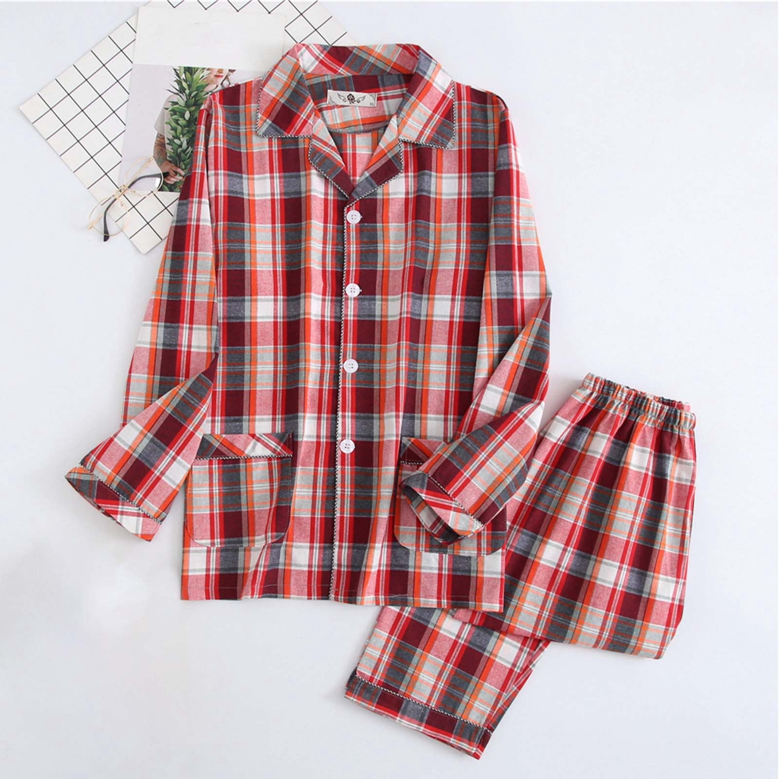 Men's Big and Tall Pajama Set 100% Cotton Plaid Sleepwear Long Sleeve ...