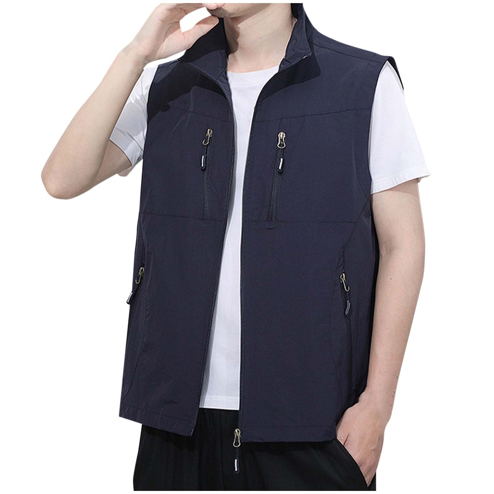 Men's Big and Tall Utility Fishing Vest Loose Stand Collar Outdoor Work ...