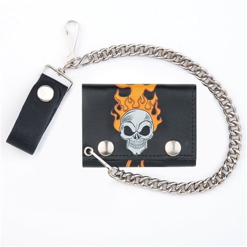 Men's Biker Leather Chain Wallet, Tri-Fold Flaming Skull - Walmart.com
