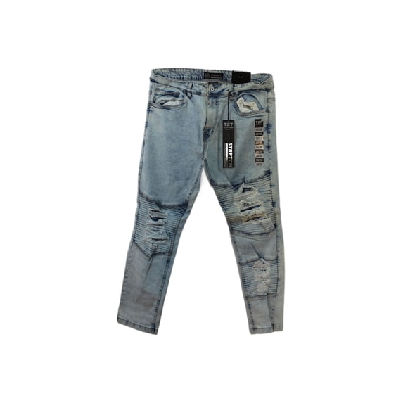 Men’s Biker Moto Ripped & Repaired Stretch Denim Jeans - Ice Blue ...