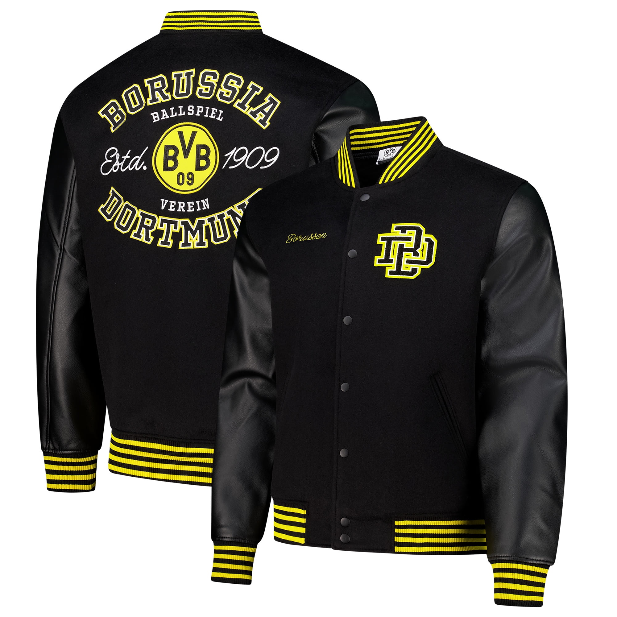 Men's Black Borussia Dortmund Supporter's Full-Snap Varsity Jacket ...