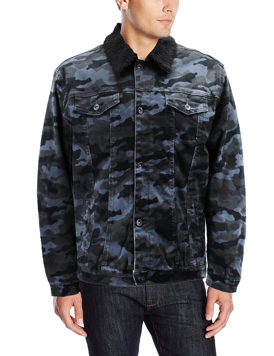 Men’s Black Camo Pattern Sherpa Fleece Lined Stretch Denim Trucker Jean ...