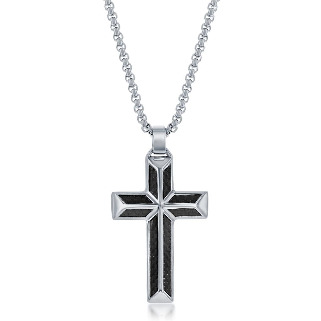 Men’s Black Carbon Fiber Cross Pendant Necklace | Stainless Steel 24 ...