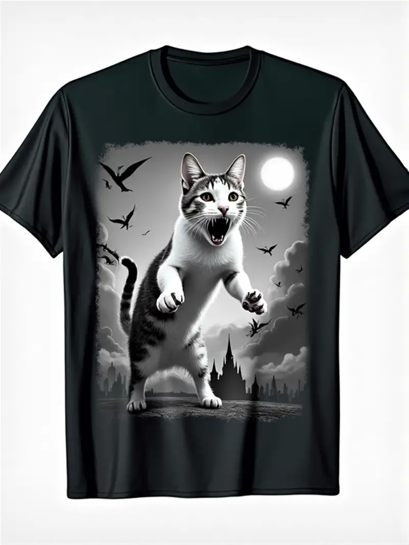 Men's Black Fantasy Tabby Cat & Dragon Graphic T-Shirt - 100% Cotton ...