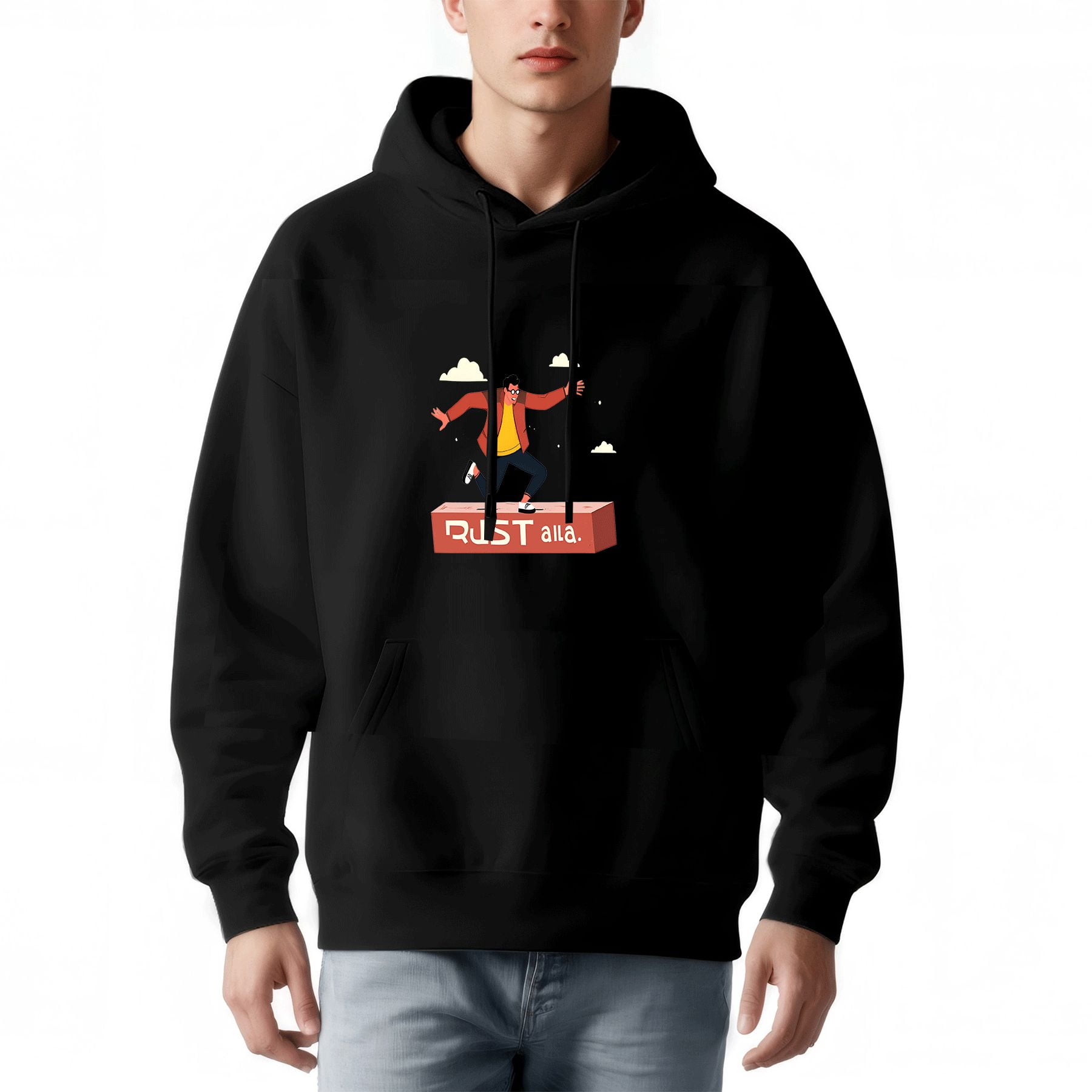 Men's Black Hoodie with Cartoon Character Design - Yellow Shirt Blue ...