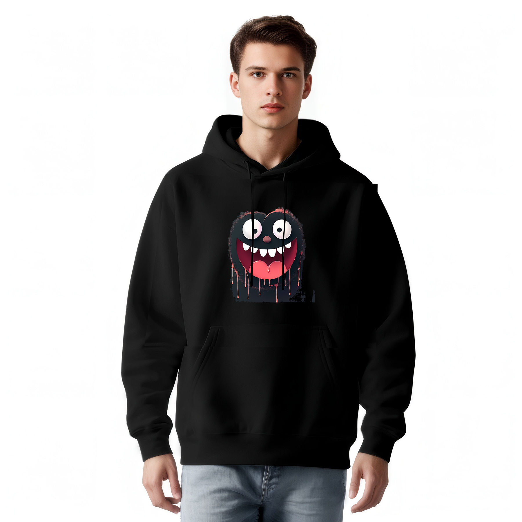 Men's Black Hoodie with Cartoon Character Design - Playful Round Face ...