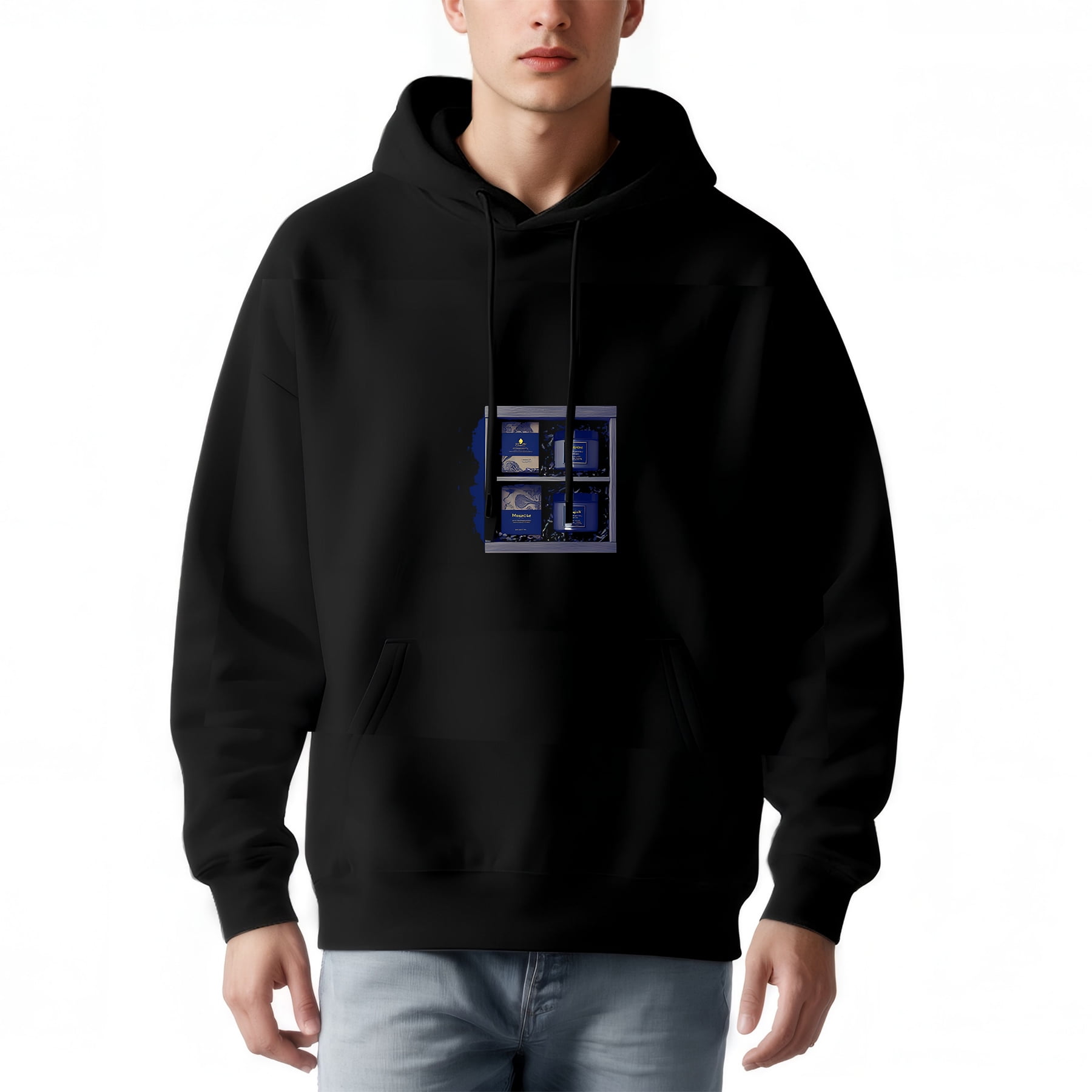 Men's Black Hoodie with Front Pocket Drawstrings & Unique Window Design ...