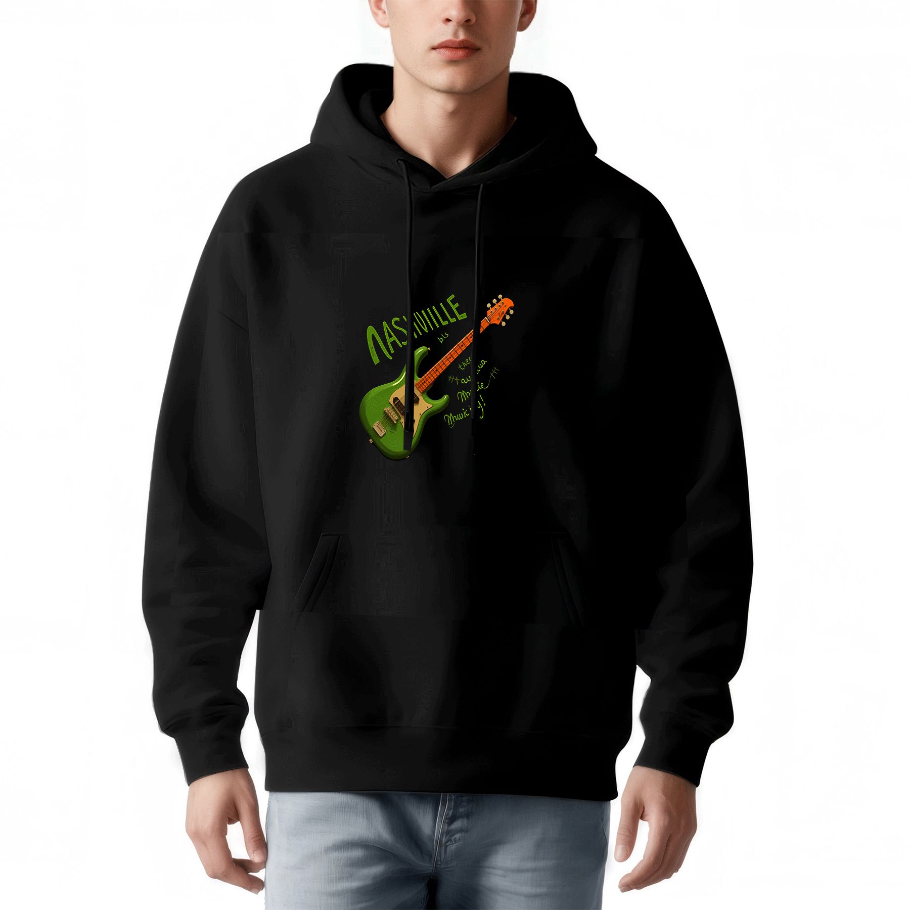 Men's Black Hoodie with Front Pocket Green Electric Guitar Design ...