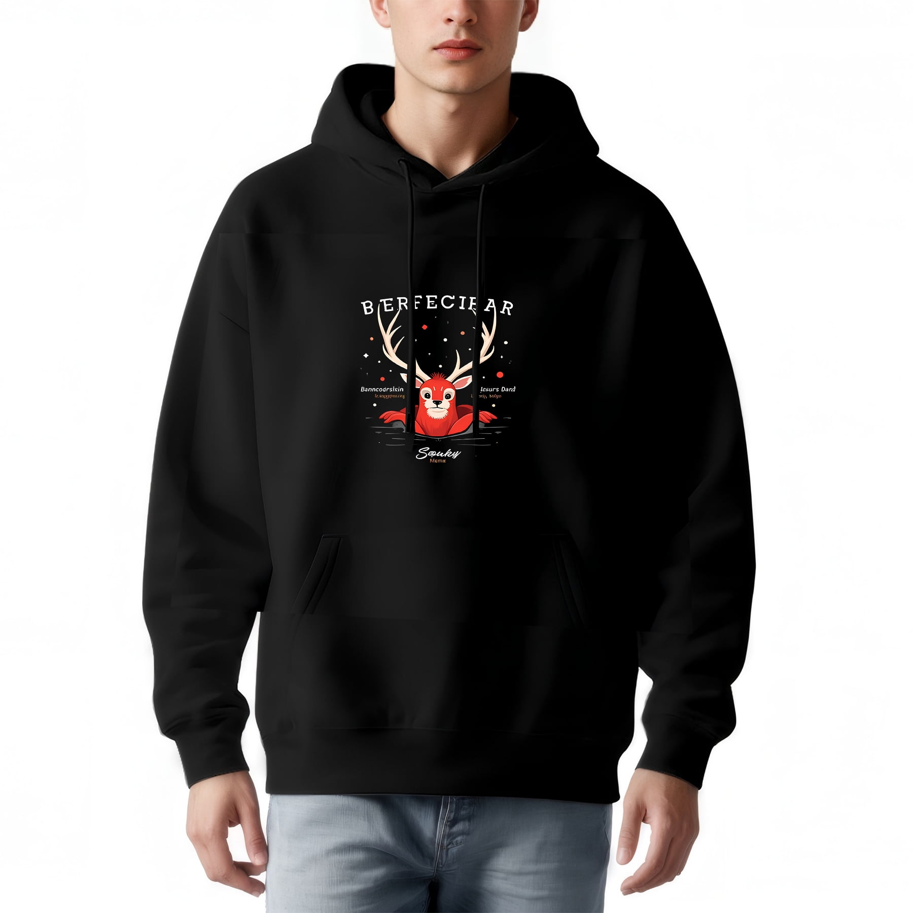 Men's Black Hoodie with Red Deer Graphic ' REFEGCIBAR ' Text Relaxed ...