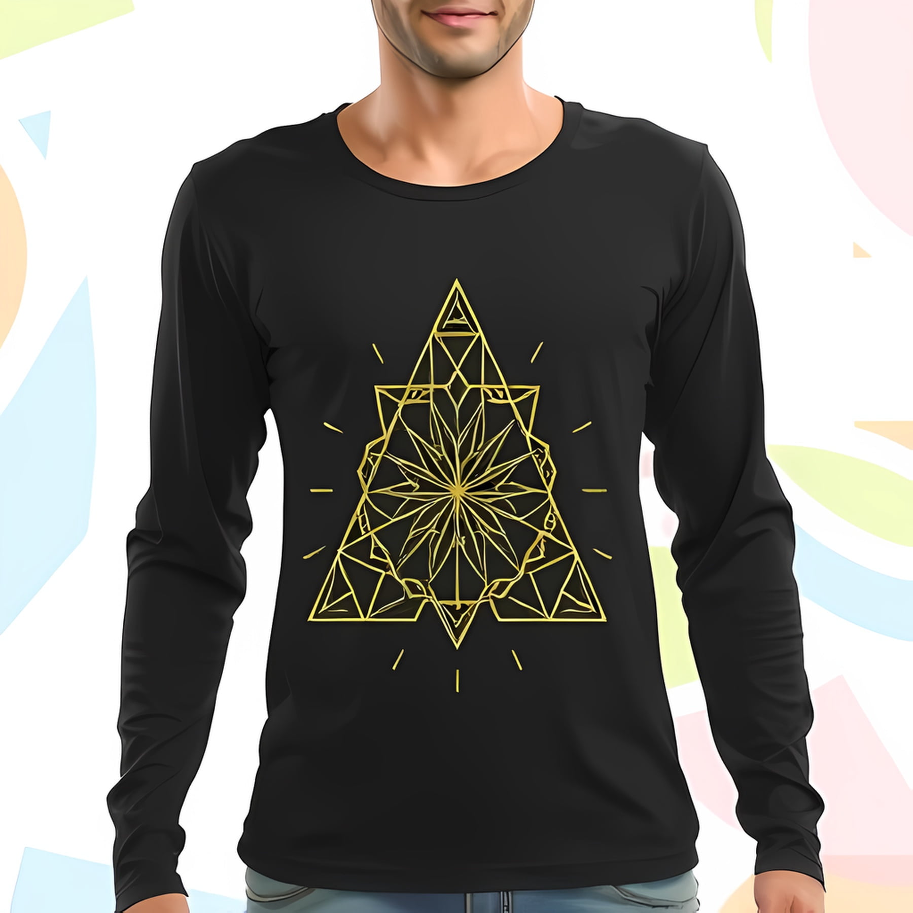 Men's Black Long Sleeve T-Shirt with Gold Geometric Design - Modern ...