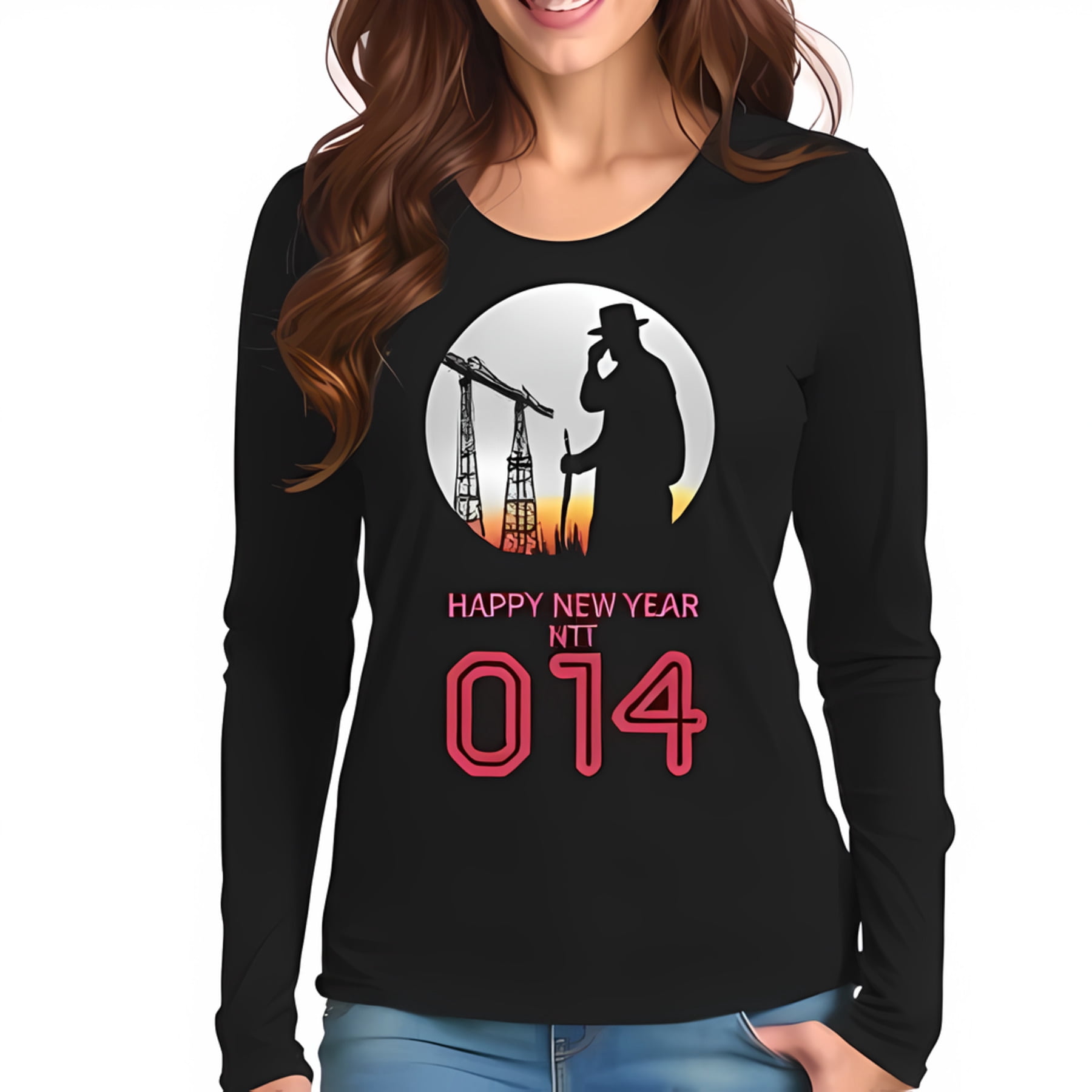 Men's Black Long Sleeve T-Shirt with Retro Graphic Design - Happy New ...
