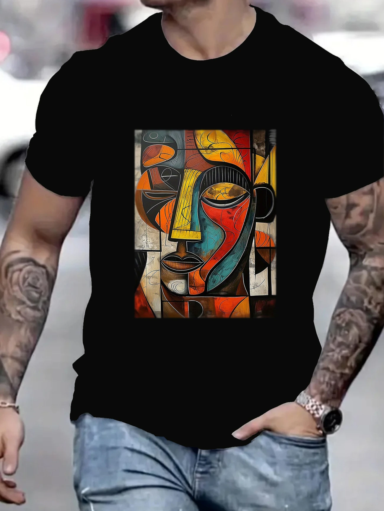 Men's Black Short-Sleeve T-Shirt with Vibrant Modern Art Print – Eye ...