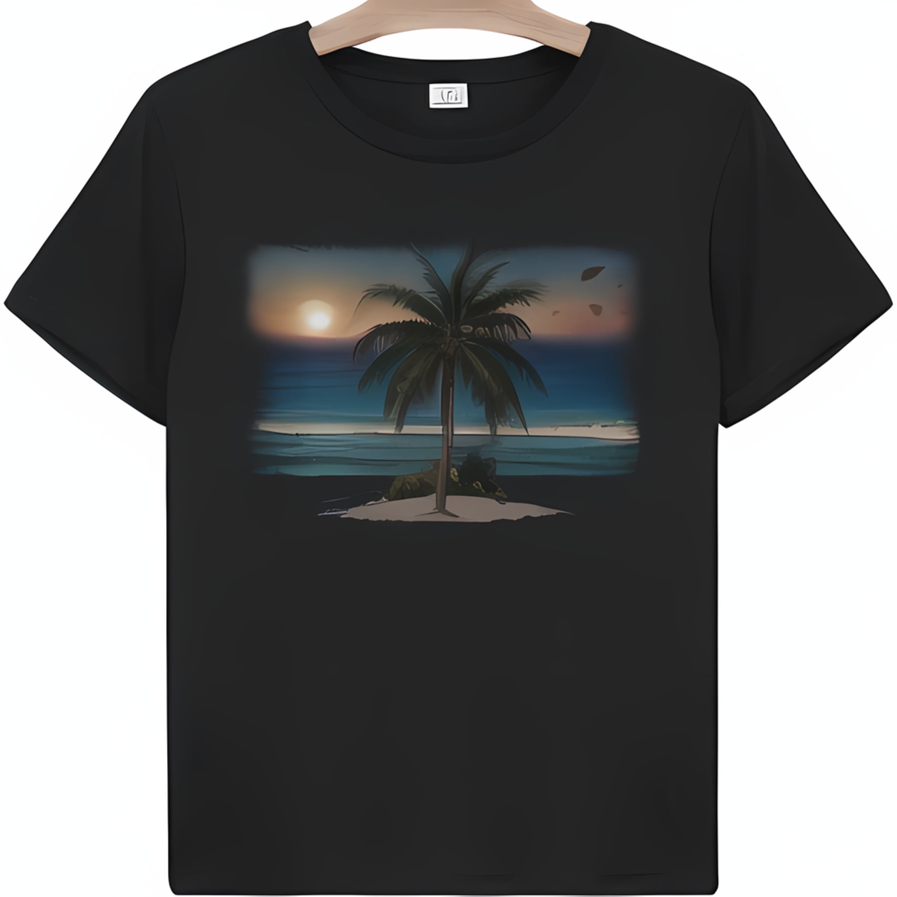 Men's Black T-Shirt: Tropical Sunset Design Palm Tree & Island Vector ...