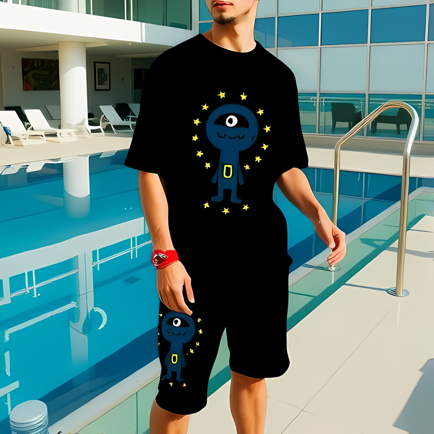 Men's Black T-Shirt and Cartoon Character Shorts Set - Fun Blue One ...
