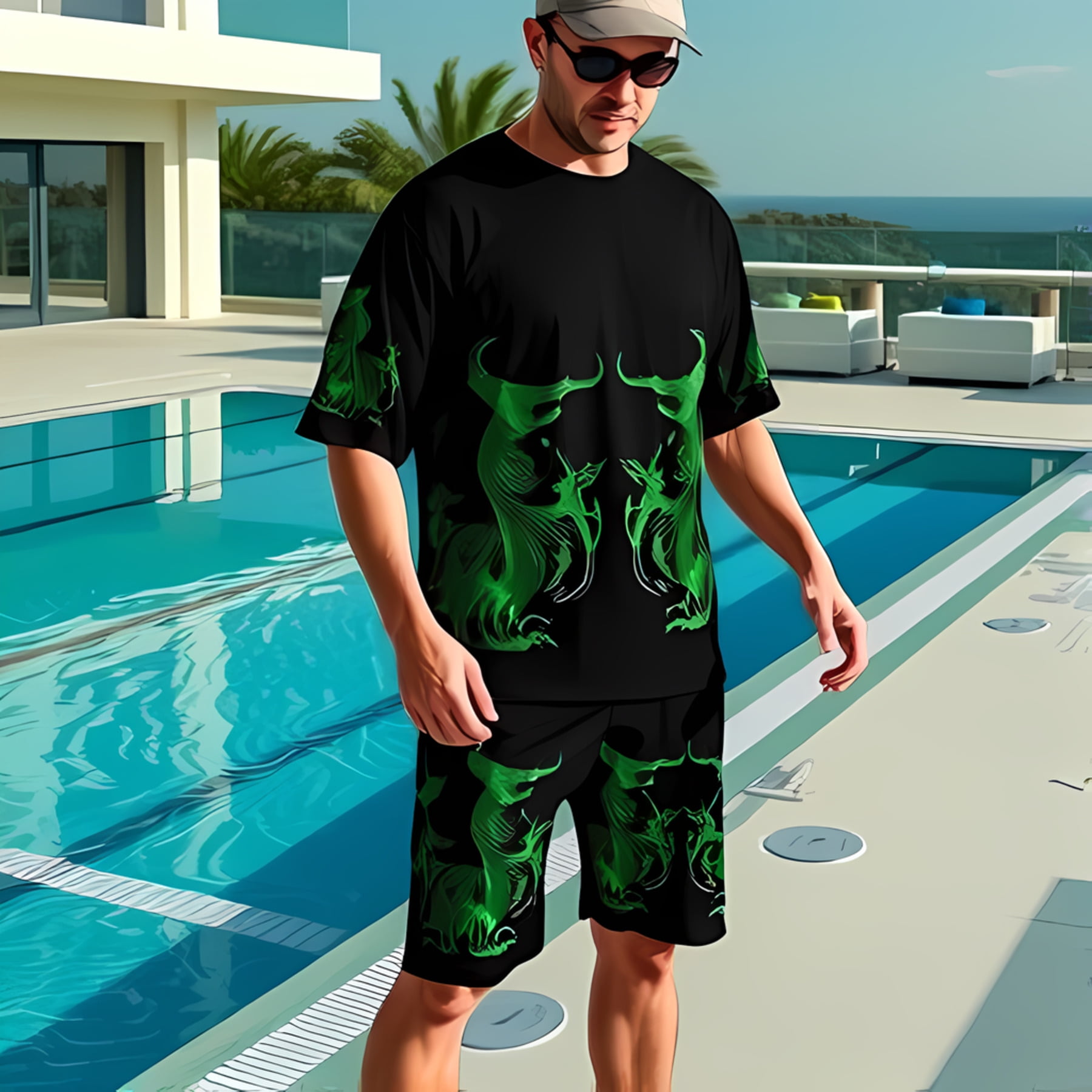 Men's Black T-Shirt and Green Patterned Shorts Set - Stylish Summer ...