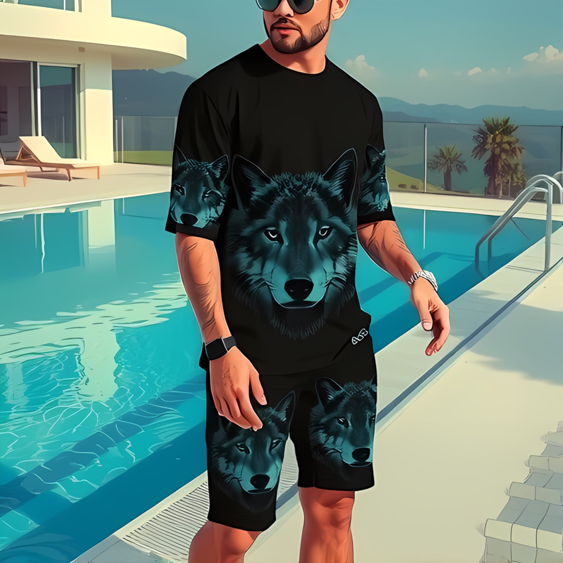 Men's Black T-Shirt and Shorts Set with Bold Wolf Face Design - Stylish Summer Outfit for ...