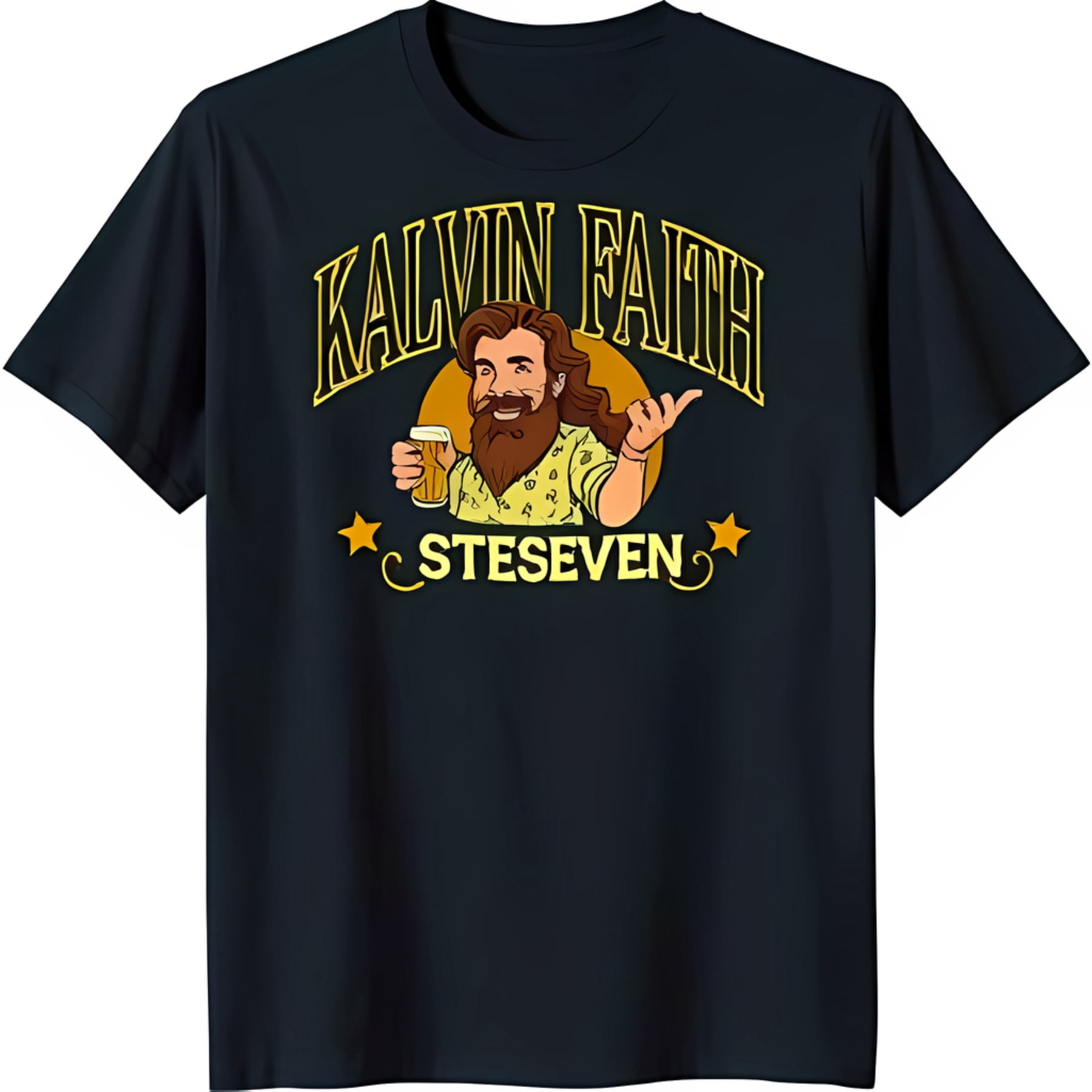 Men's Black T-Shirt with Bold Graphic: Bearded Man Holding & 'Kalvin ...