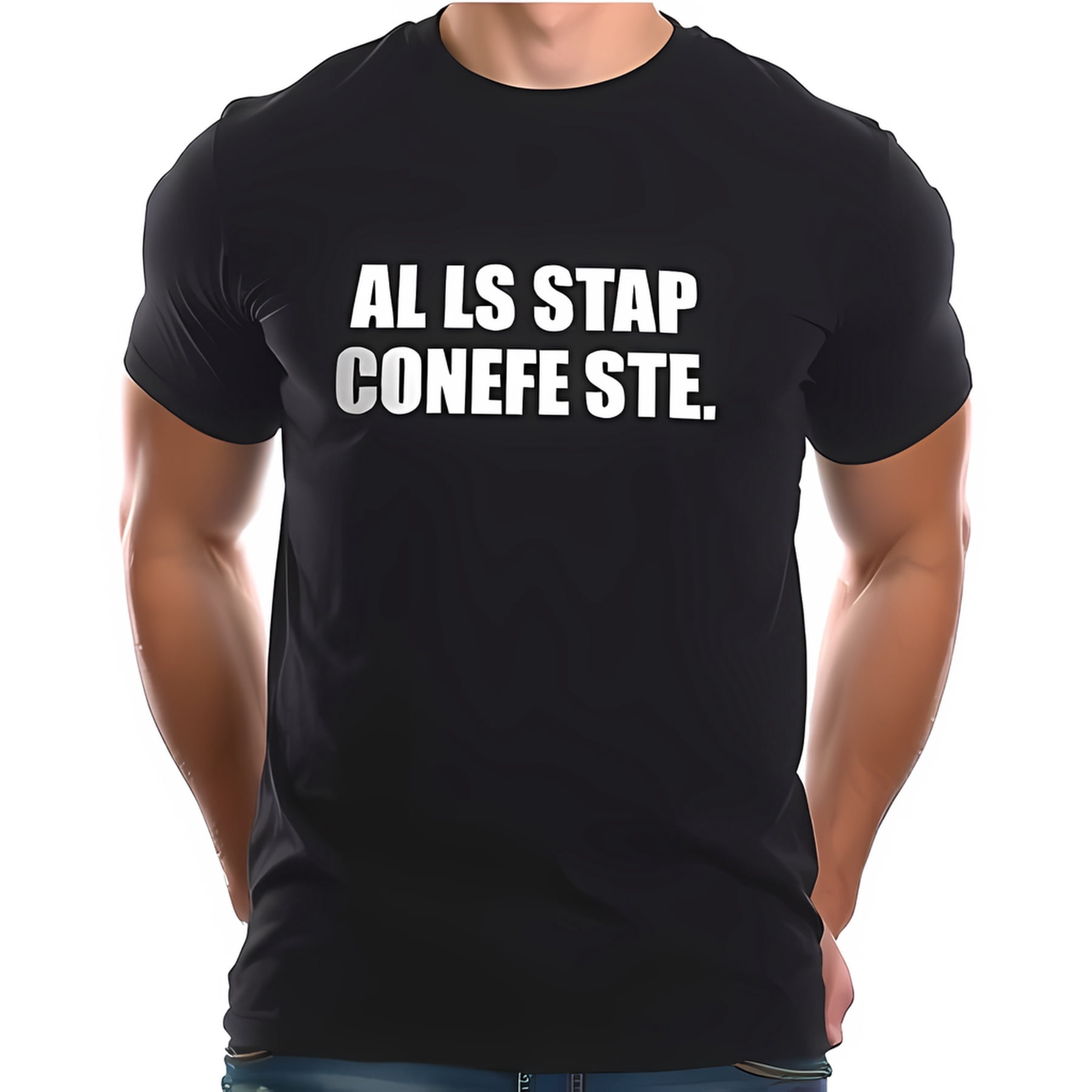 Men's Black T-Shirt with Bold White Text "AL LS STAP CONEFE STE ...