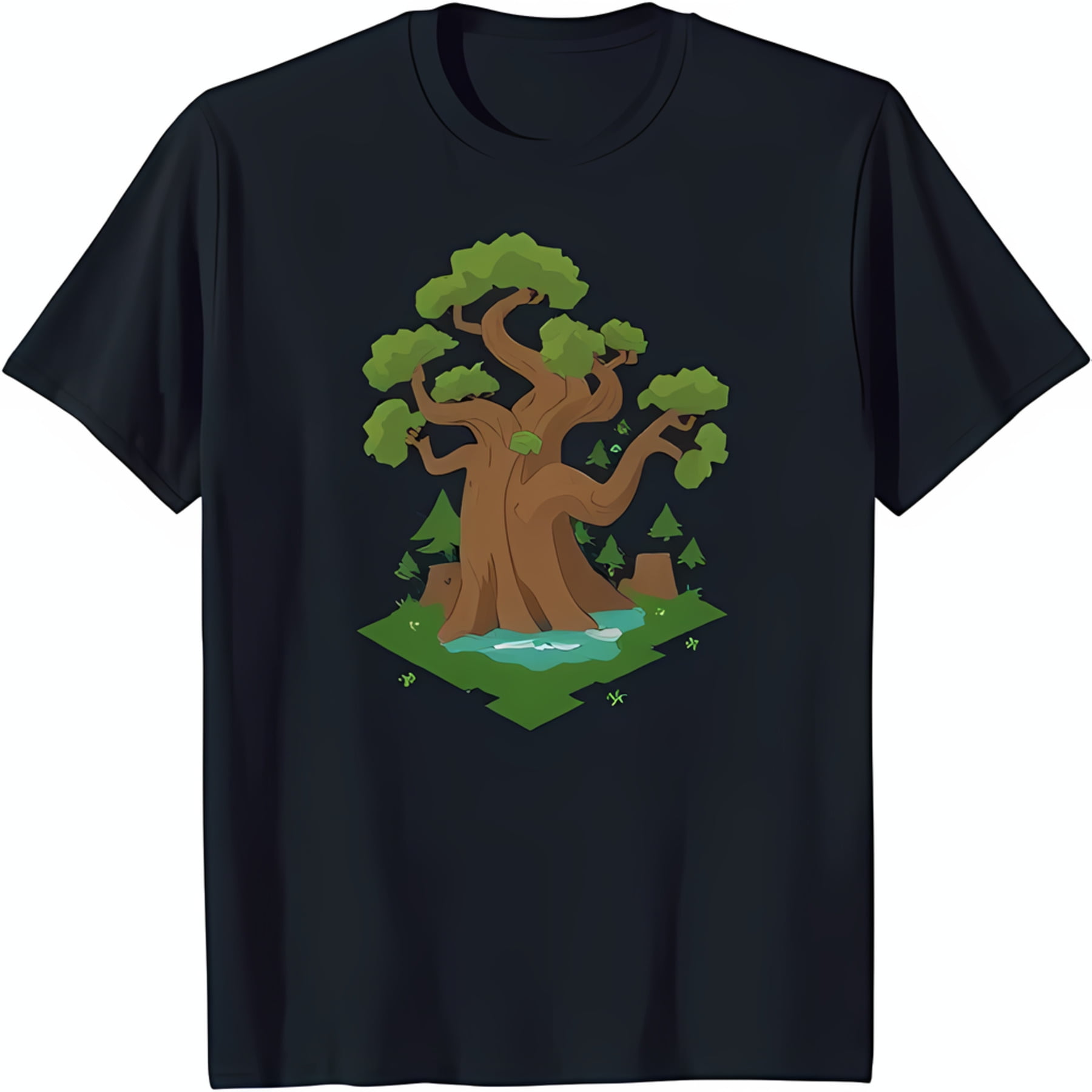 Men's Black T-Shirt with Cartoon Tree Graphic Thick Trunk & Green ...