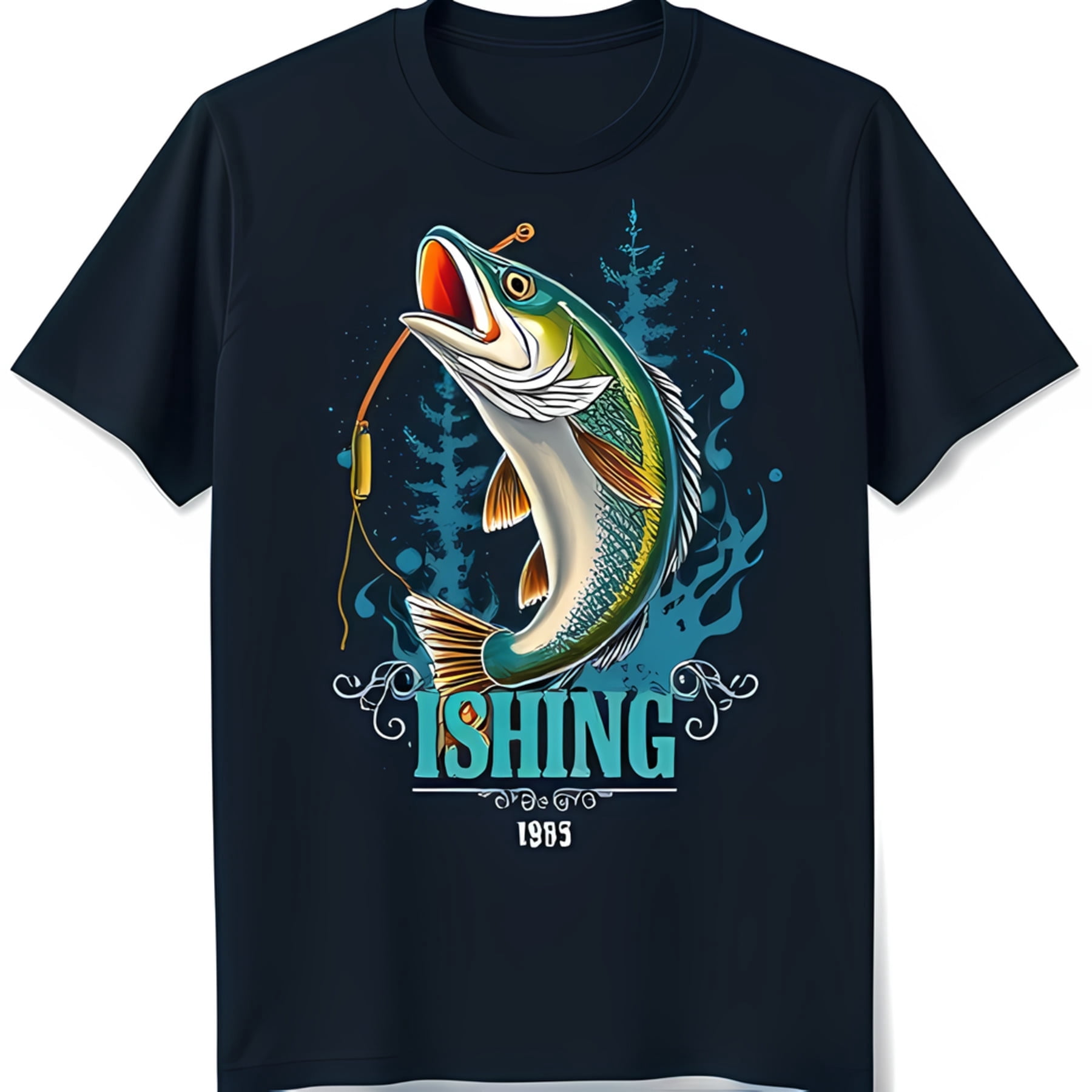 Men's Black T-Shirt with Colorful Fish Graphic 'ISHING' & 1985 Design ...