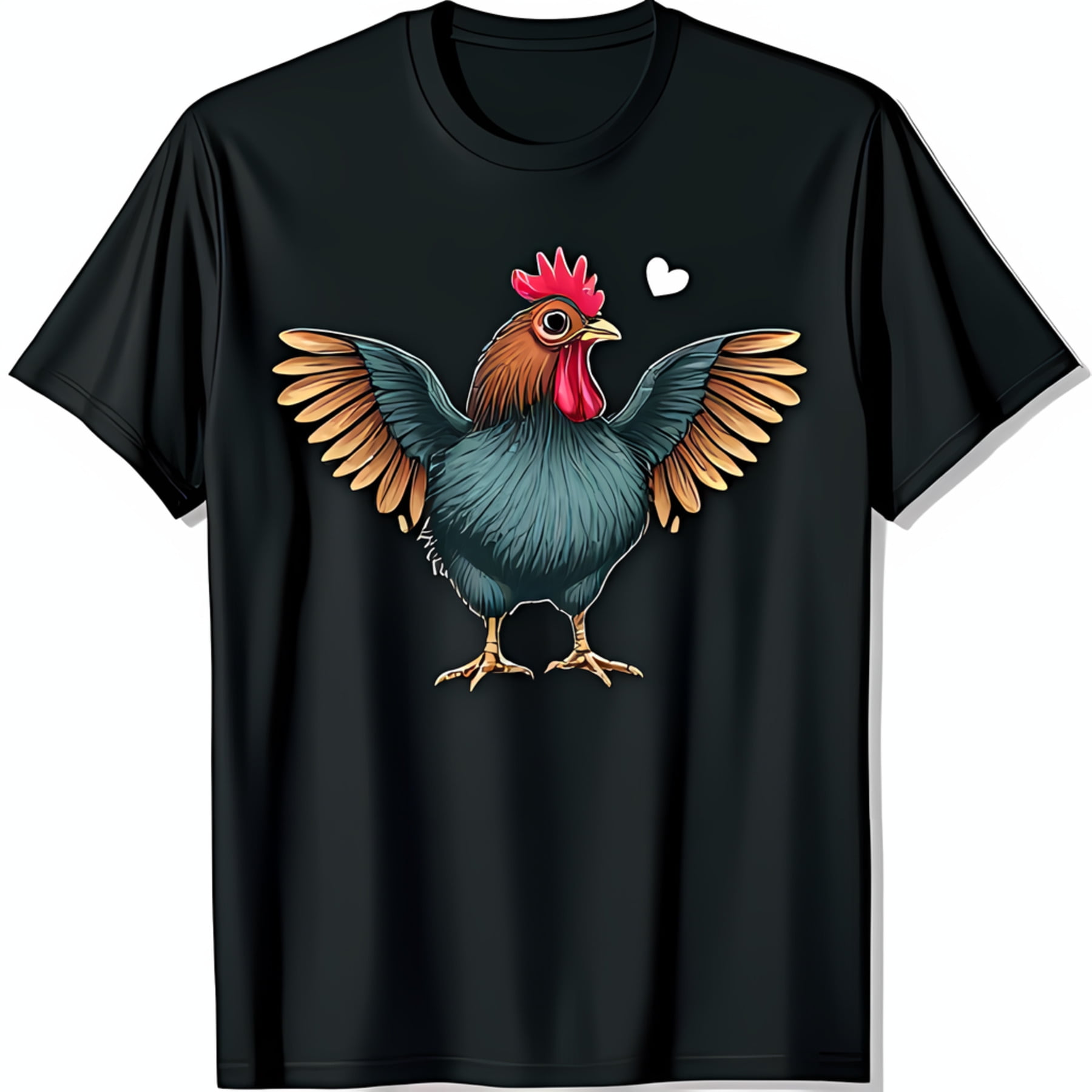 Men s Black T-Shirt with Colorful Rooster Design Heart Above Unique ...