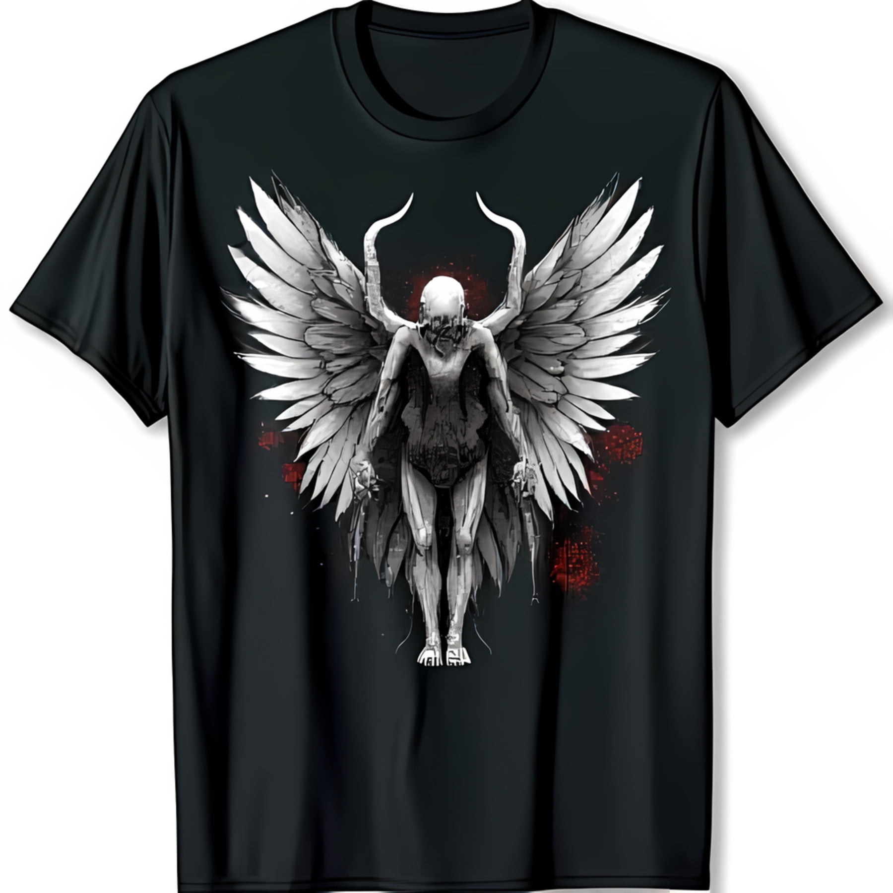 Men s Black T-Shirt with Demonic Graphic White Wings & Red Splatter ...