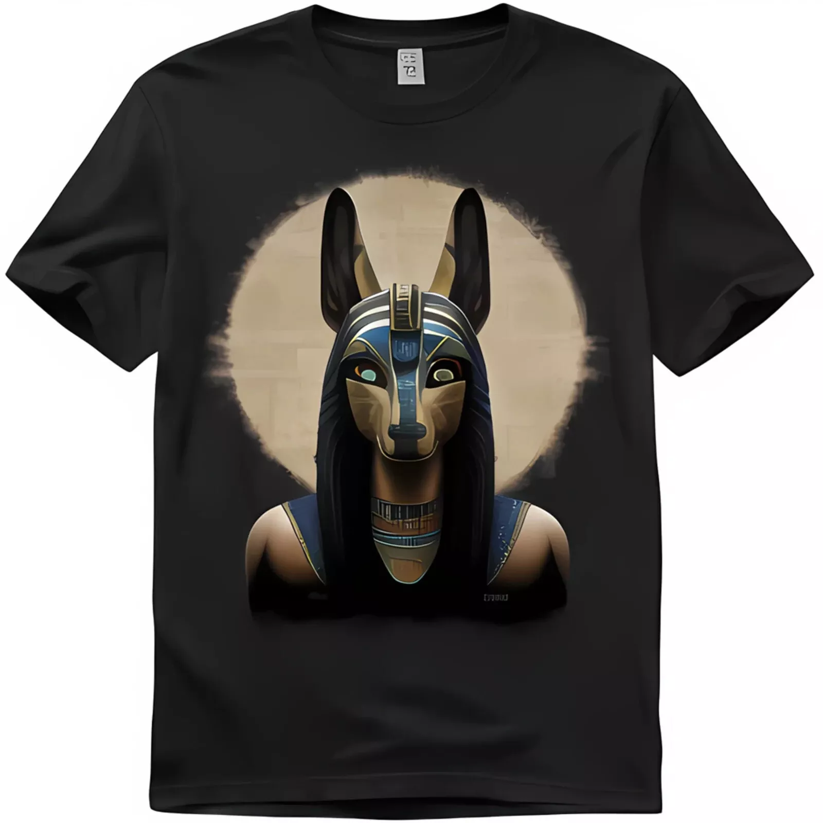 Men's Black T-Shirt with Egyptian Anubis Portrait Golden Eyes and ...