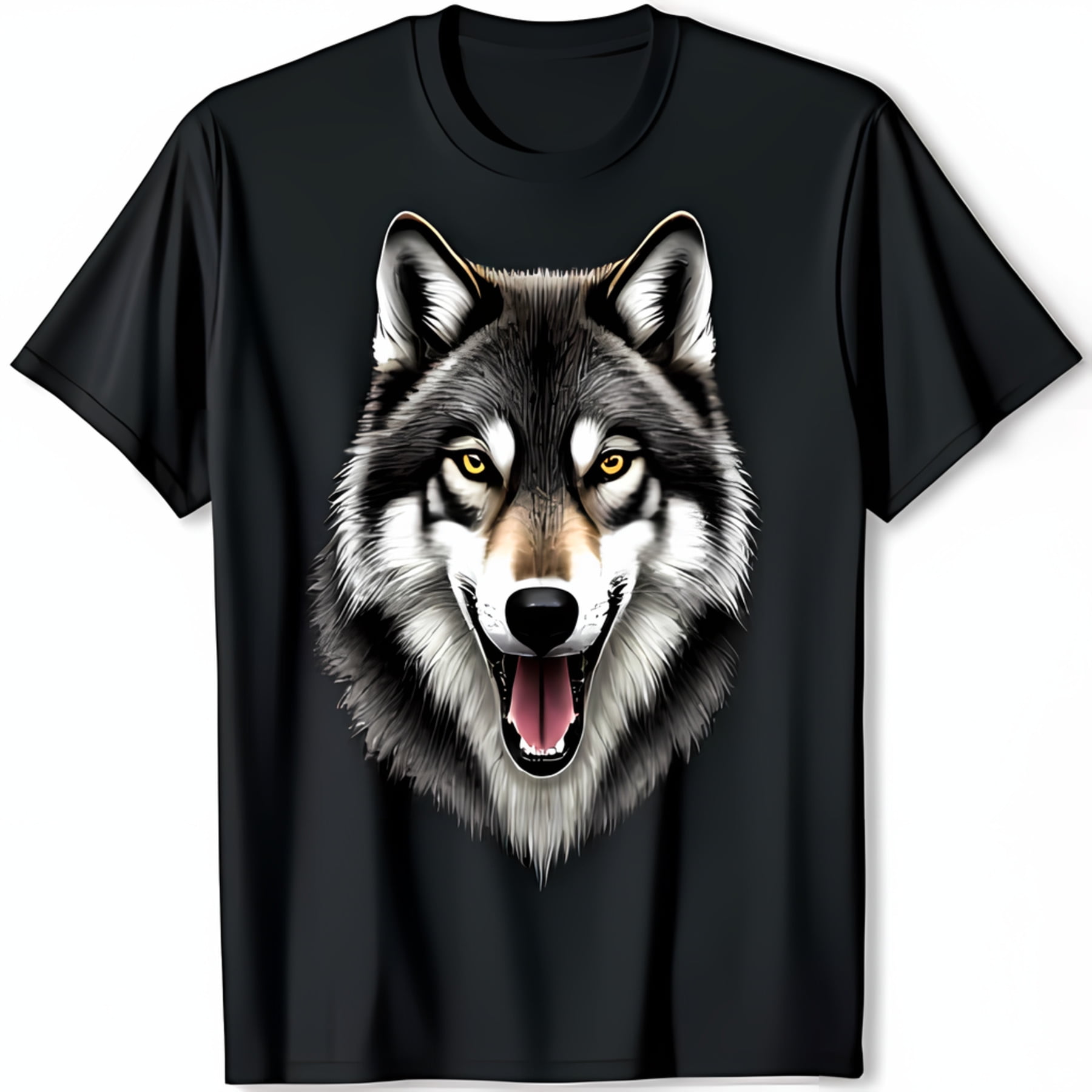 Men's Black T-Shirt with Fierce Face Graphic Yellow Eyes Snarling ...