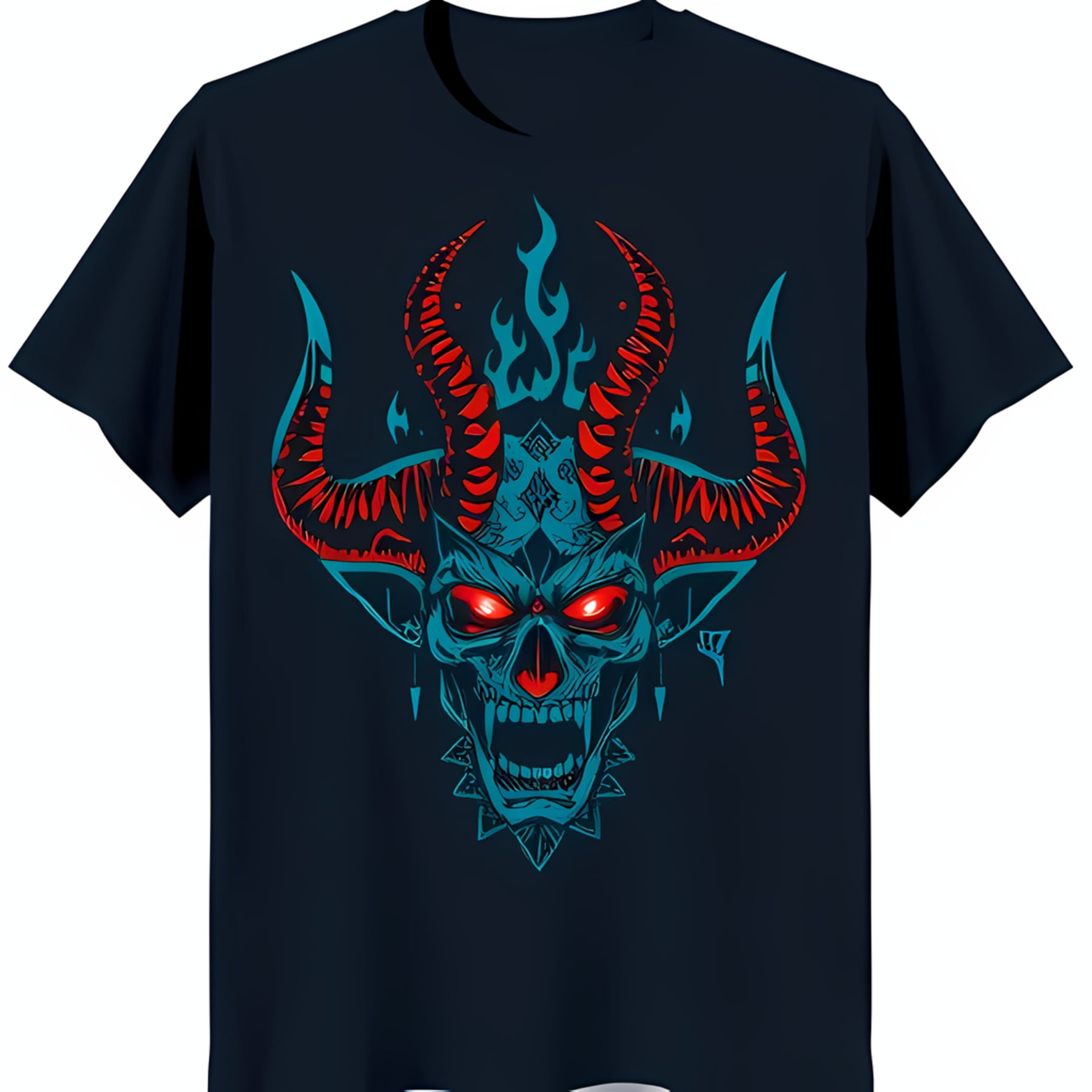 Men's Black T-Shirt with Fiery Demonic Figure Red Horns & Glowing Eyes ...