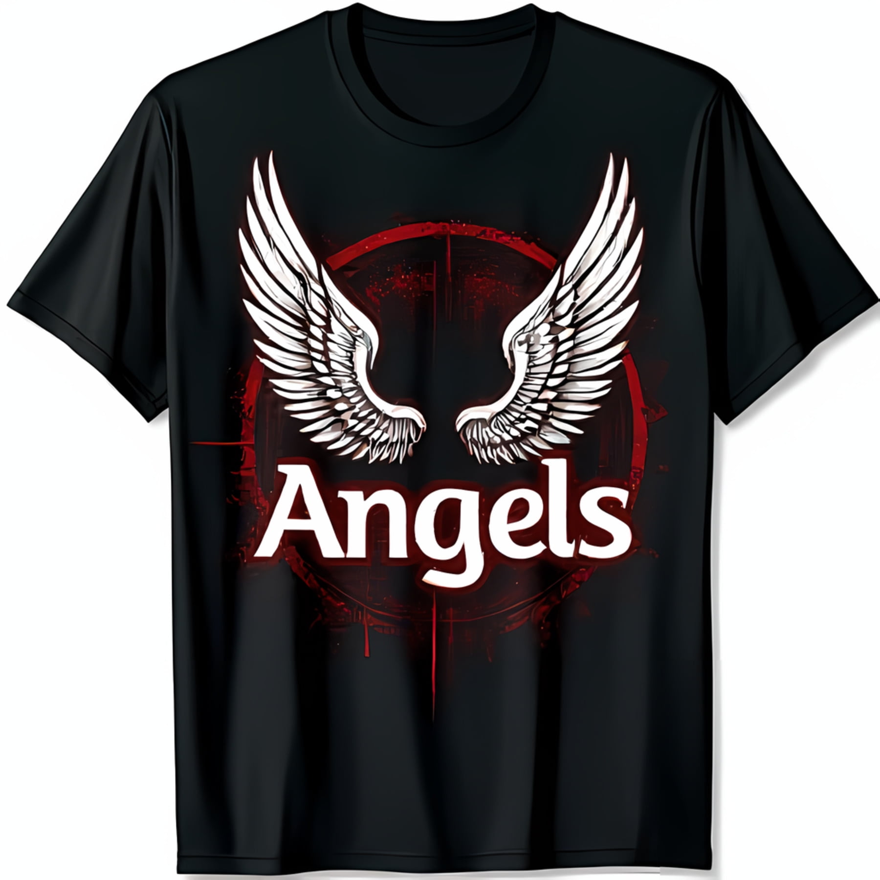Men s Black T-Shirt with Grunge Red Circle and Design Angels Graphic ...