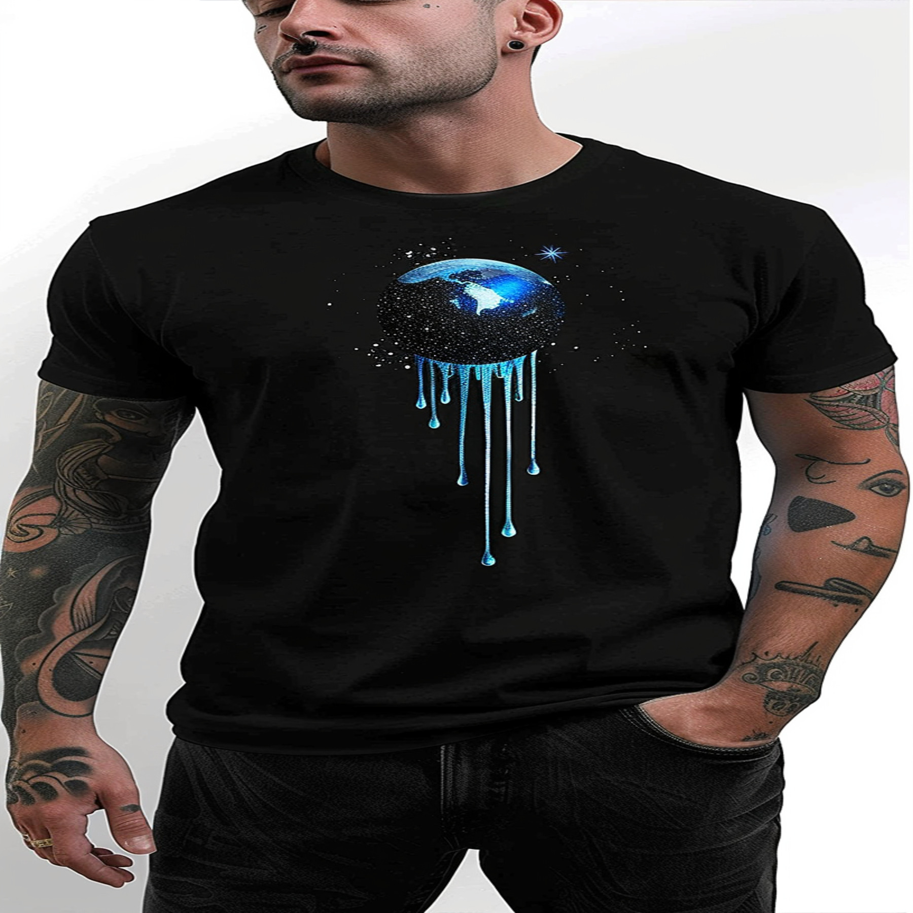 Men's Black T Shirt with Planet Drip Design Tattooed Model in Black ...