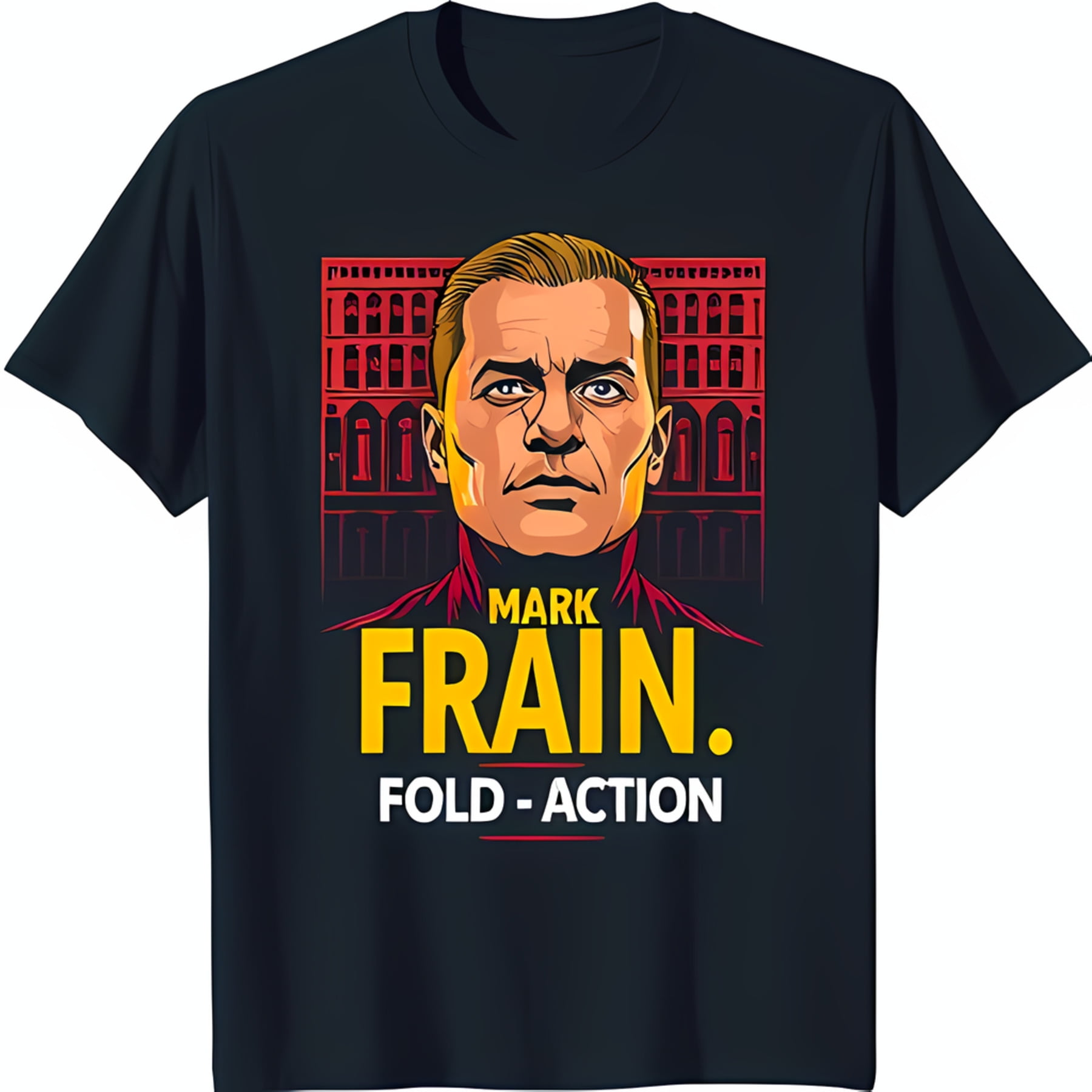 Men's Black T-Shirt with Red Brick Building & Face Design 'Mark Frain ...