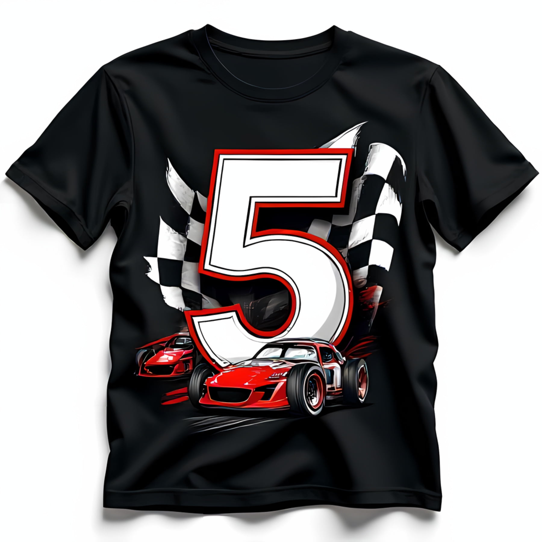 Men's Black T-Shirt with Red & White Checkered Race Car & Number 5 ...